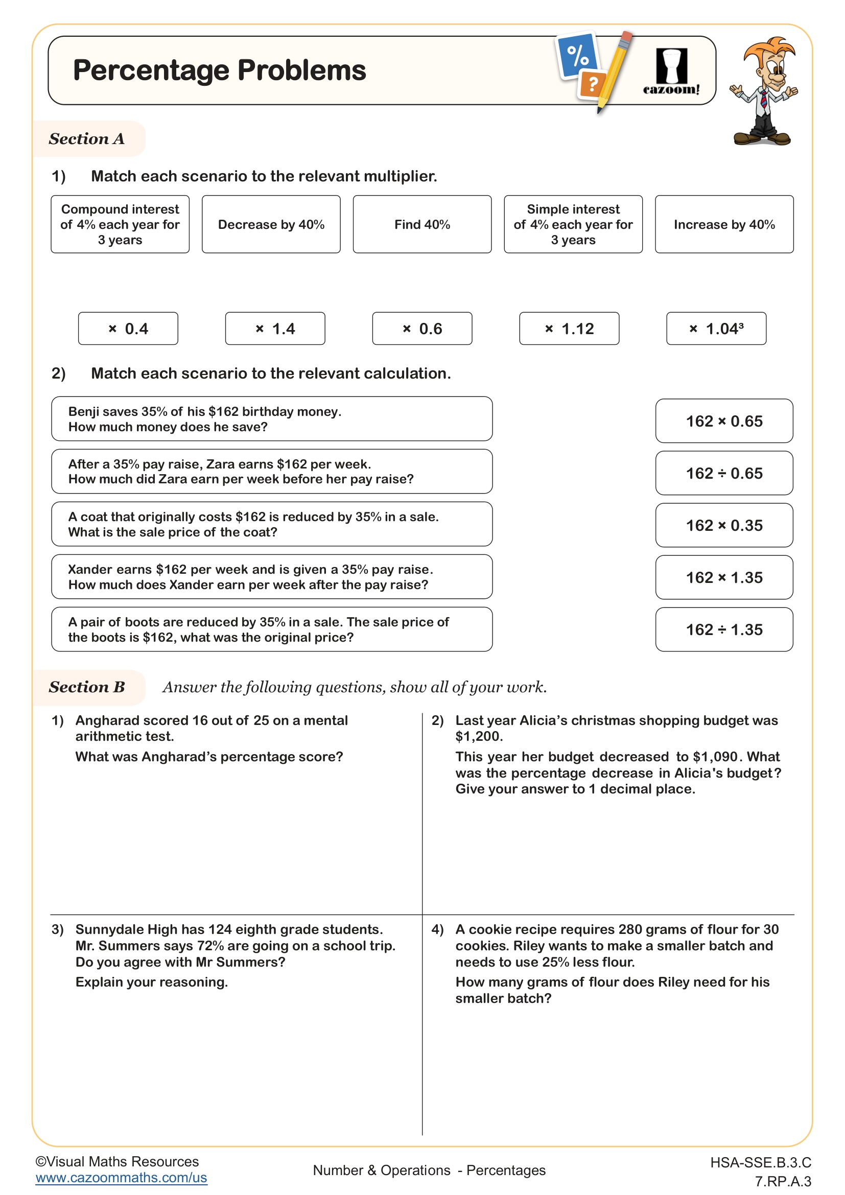 Percentage Problems Worksheet | Fun and Engaging 7th Grade, Algebra 1 ...