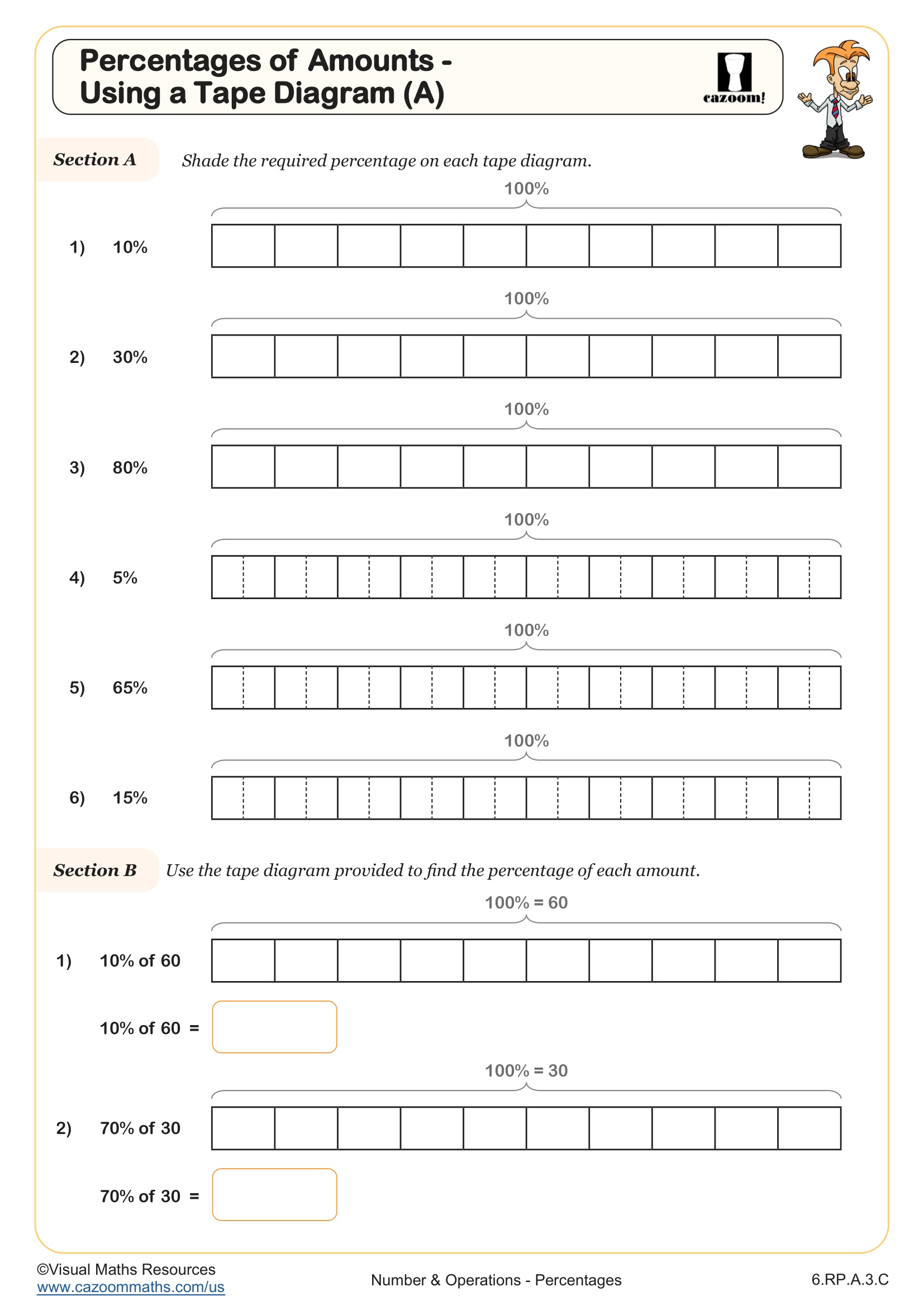 Percentages of Amounts - Using a Tape Diagram (A) Worksheet | Fun and ...