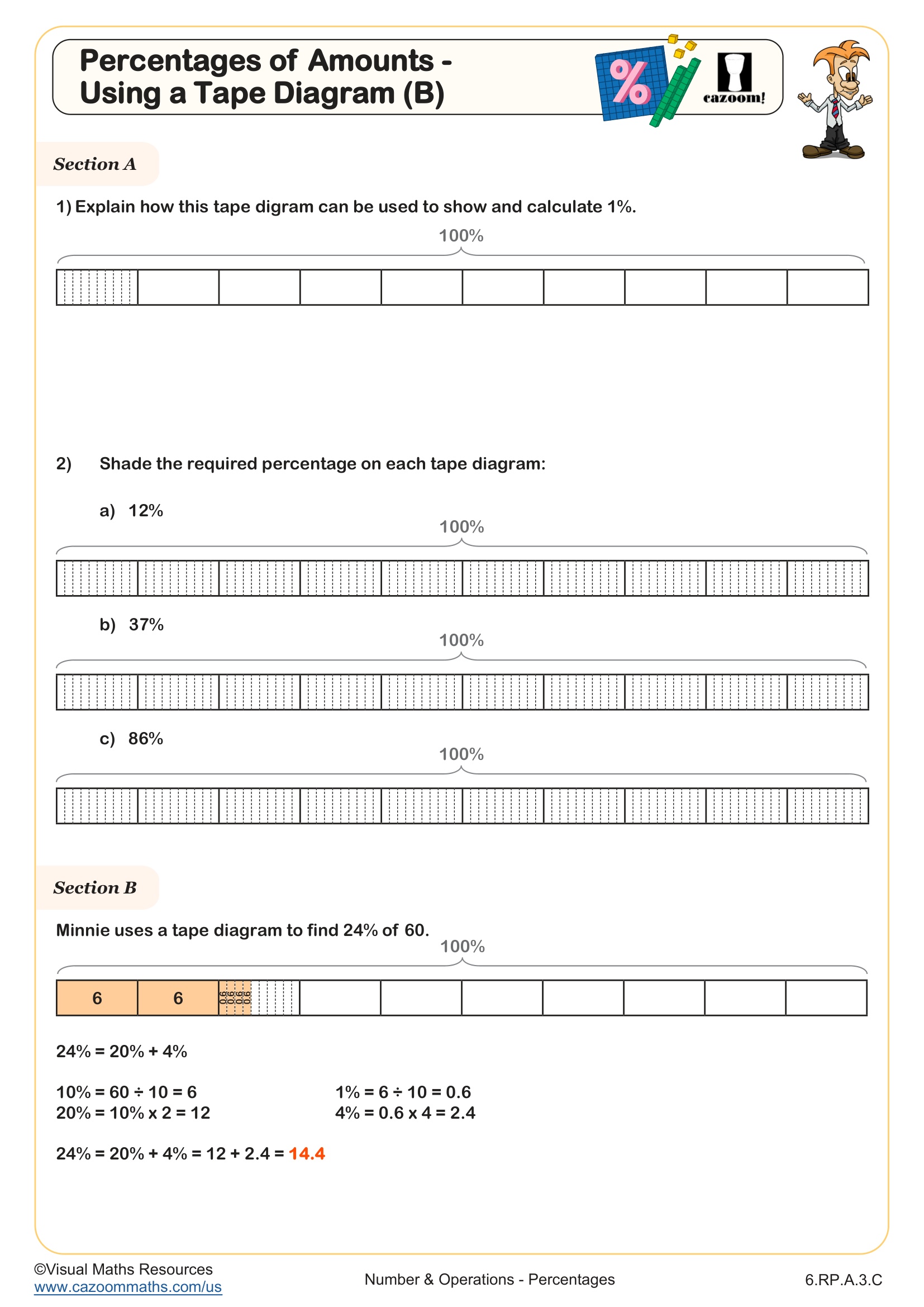 Percentages of Amounts - Using a Tape Diagram (B) Worksheet | Fun and ...
