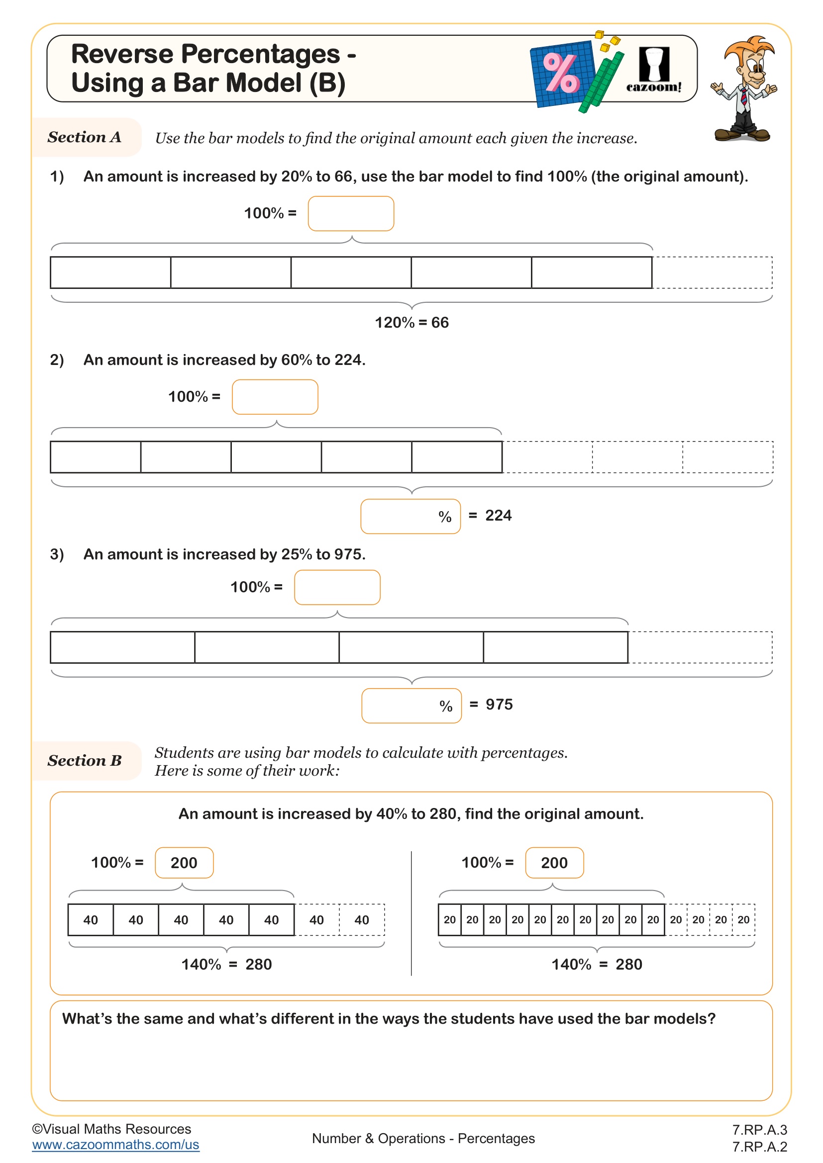 Reverse Percentages - Using a Bar Model (B) Worksheet | Fun and ...