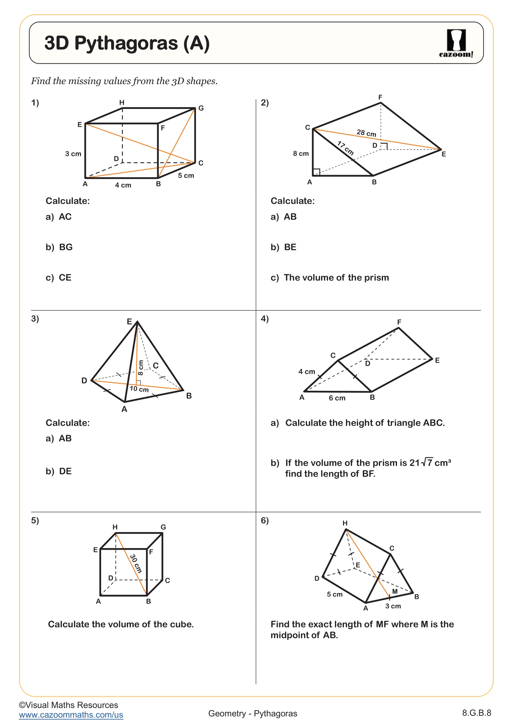 3D Pythagoras (A) Worksheet | Fun and Engaging 8th Grade and IM 1 ...