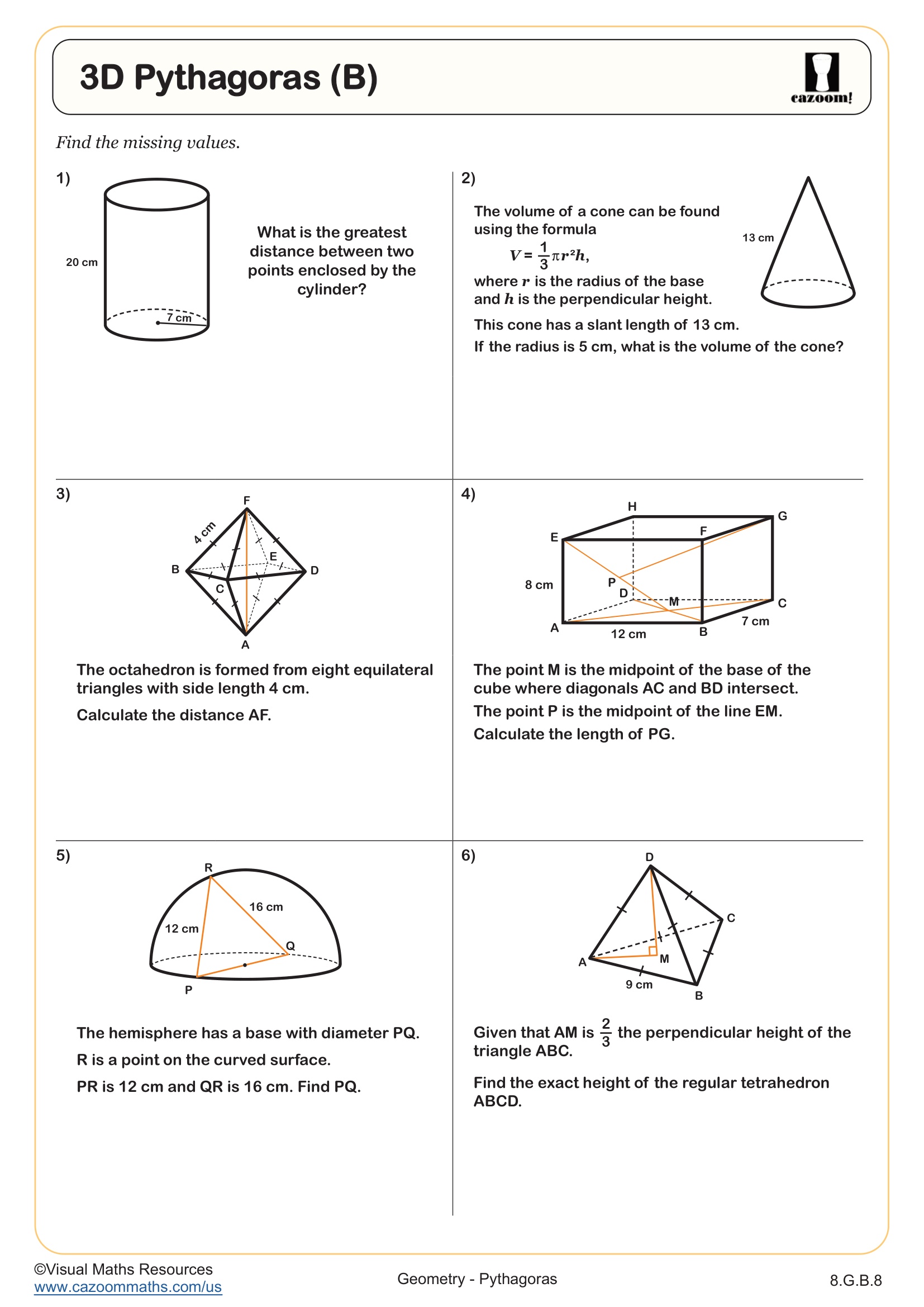 3D Pythagoras (B) Worksheet | Fun and Engaging 8th Grade and IM 1 ...