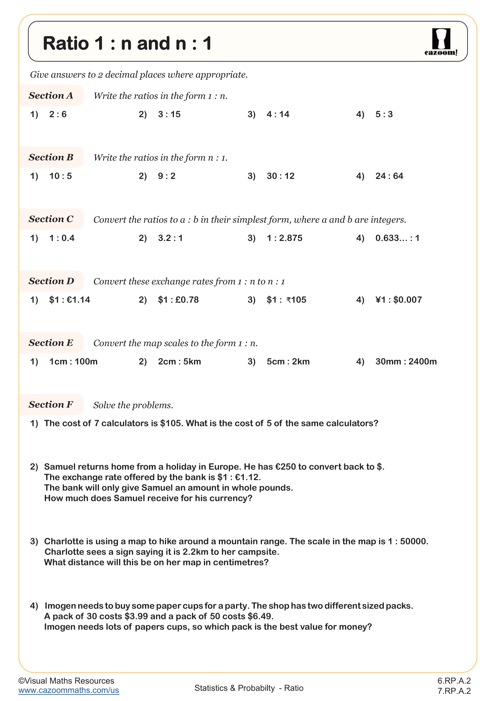 Ratios 1:n and n:1 Worksheet | Fun and Engaging 6th Grade and 7th Grade ...