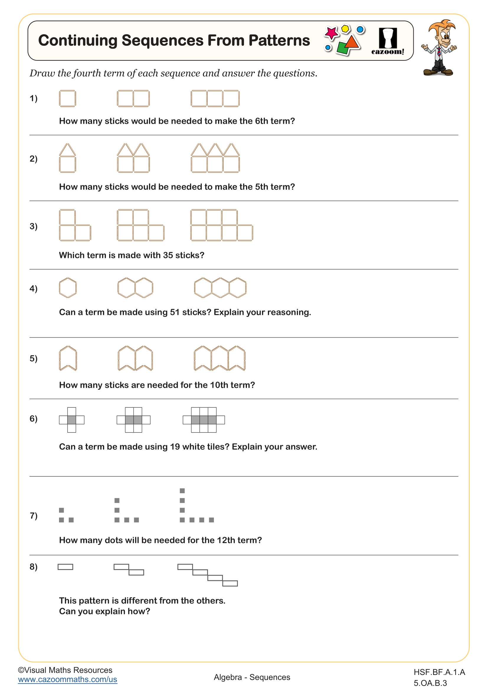 Continuing Sequecnes from Patterns Worksheet | Fun and Engaging 5th Grade and IM 1 and Algebra I ...
