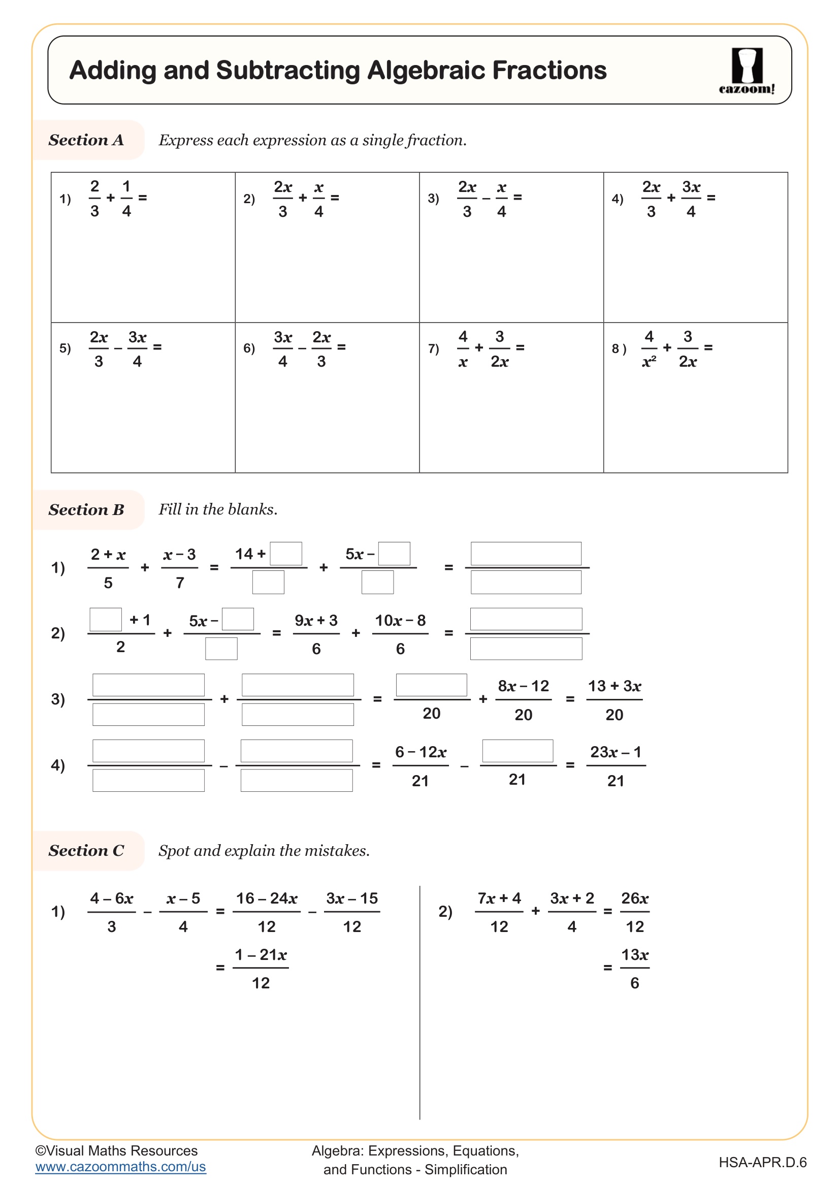Adding and Subtracting Algebraic Fractions Worksheet | Fun and Engaging ...