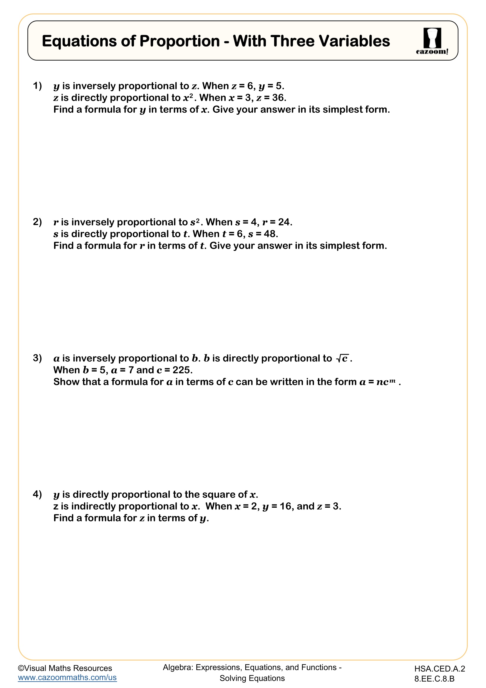 Equations of Proportion - with Three Variables Worksheet | Fun and Engaging High School Algebra ...