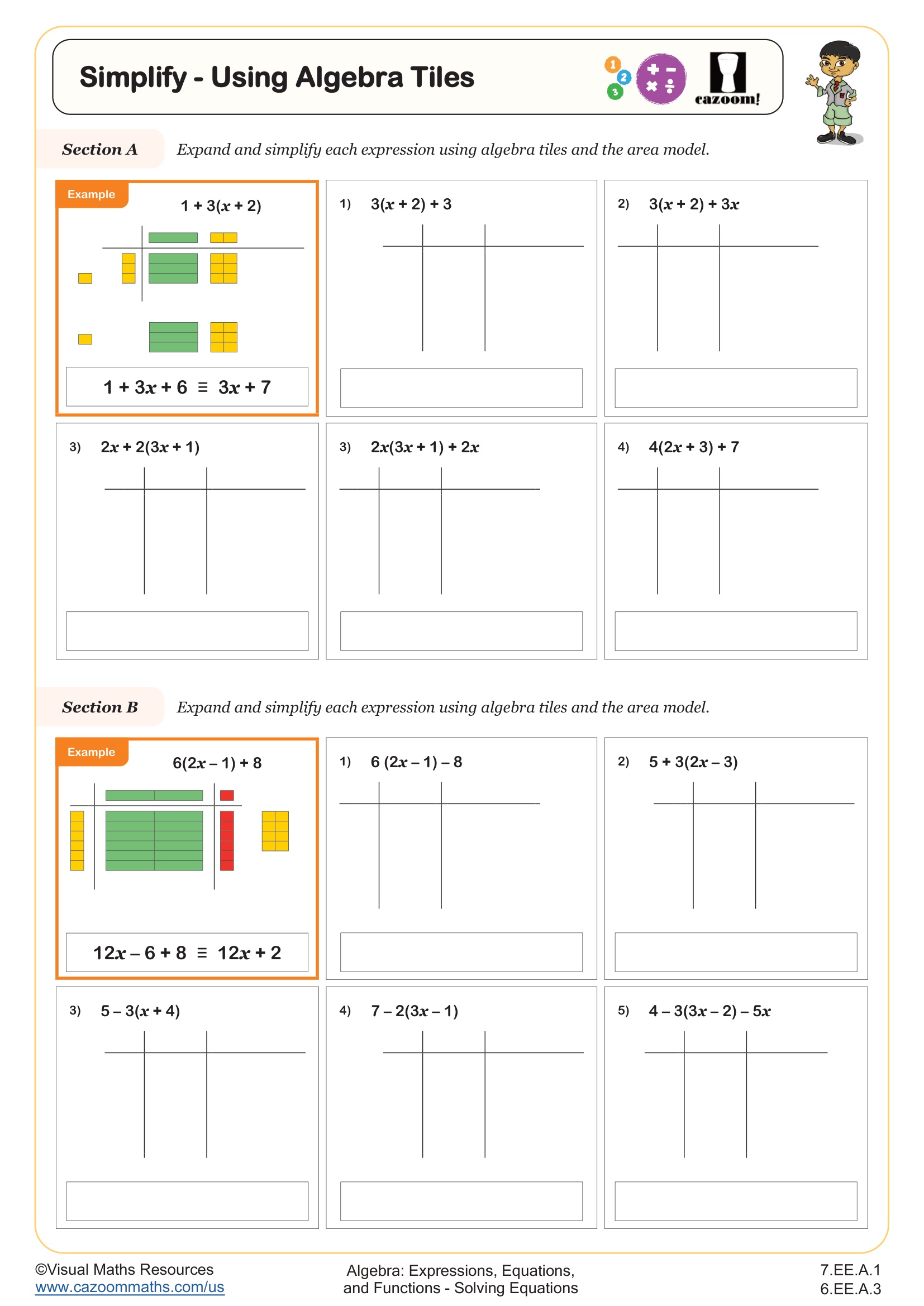 Simplify - Using Algebra Tiles Worksheet | Fun and Engaging 6th Grade and 7th Grade Algebra ...
