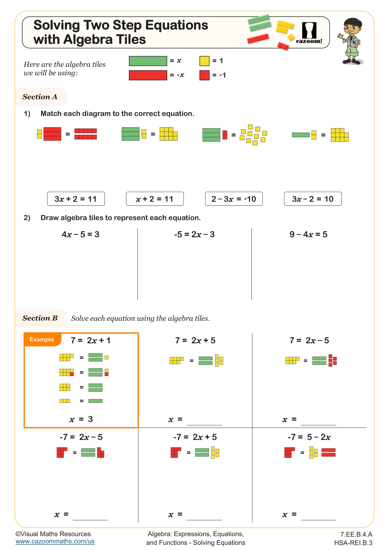 Solving Two Step Equations with Algebra Tiles Worksheet | Fun and ...