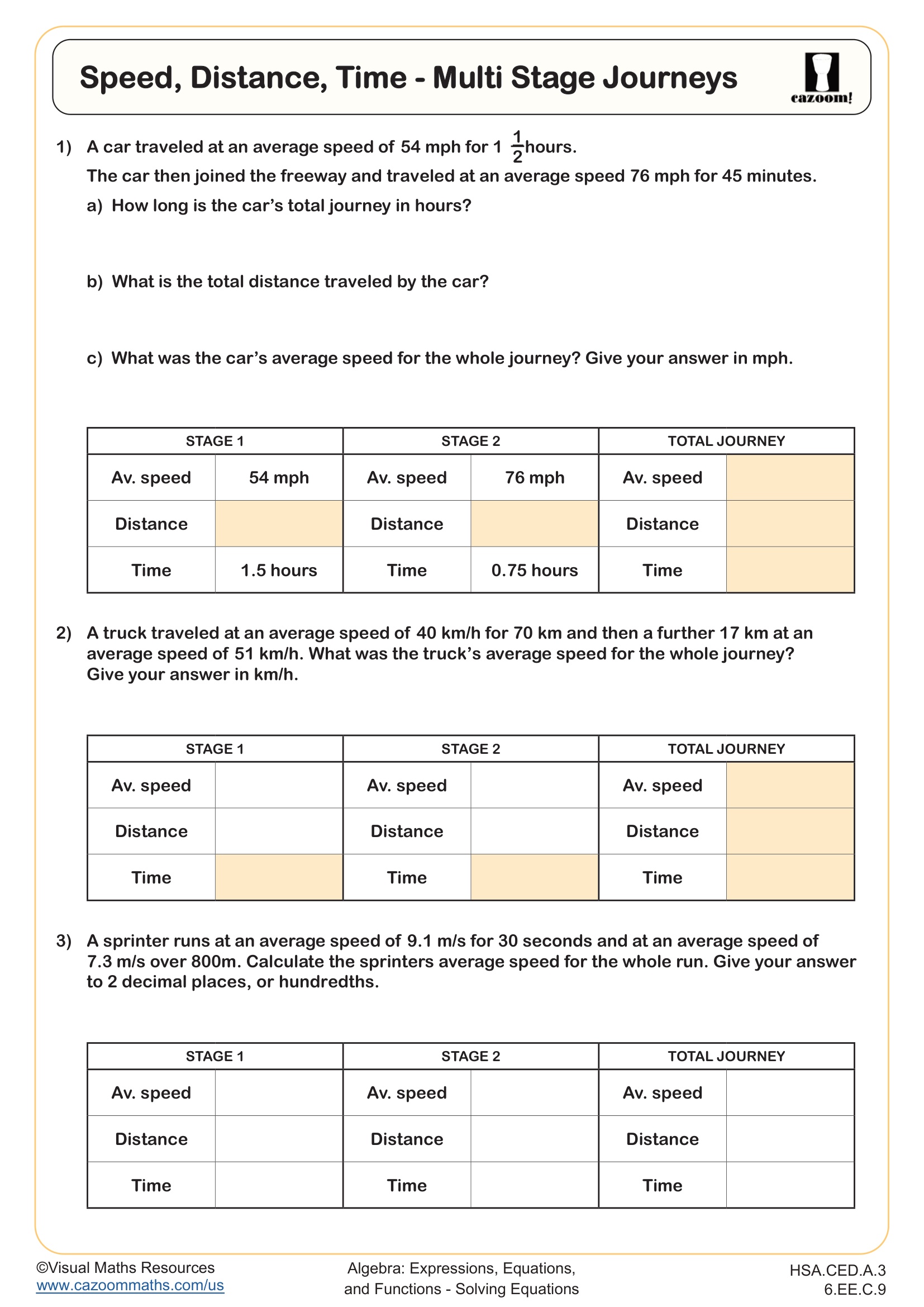 Speed, Distance, Time - Multi Stage Journeys Worksheet | Fun and ...
