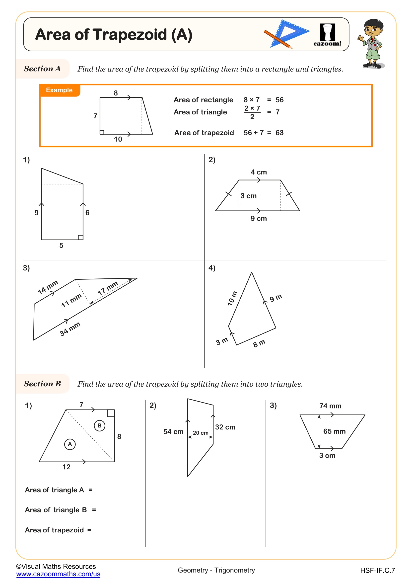 Area of Trapezoid (A) Worksheet | Fun and Engaging 6th Grade Geometry ...