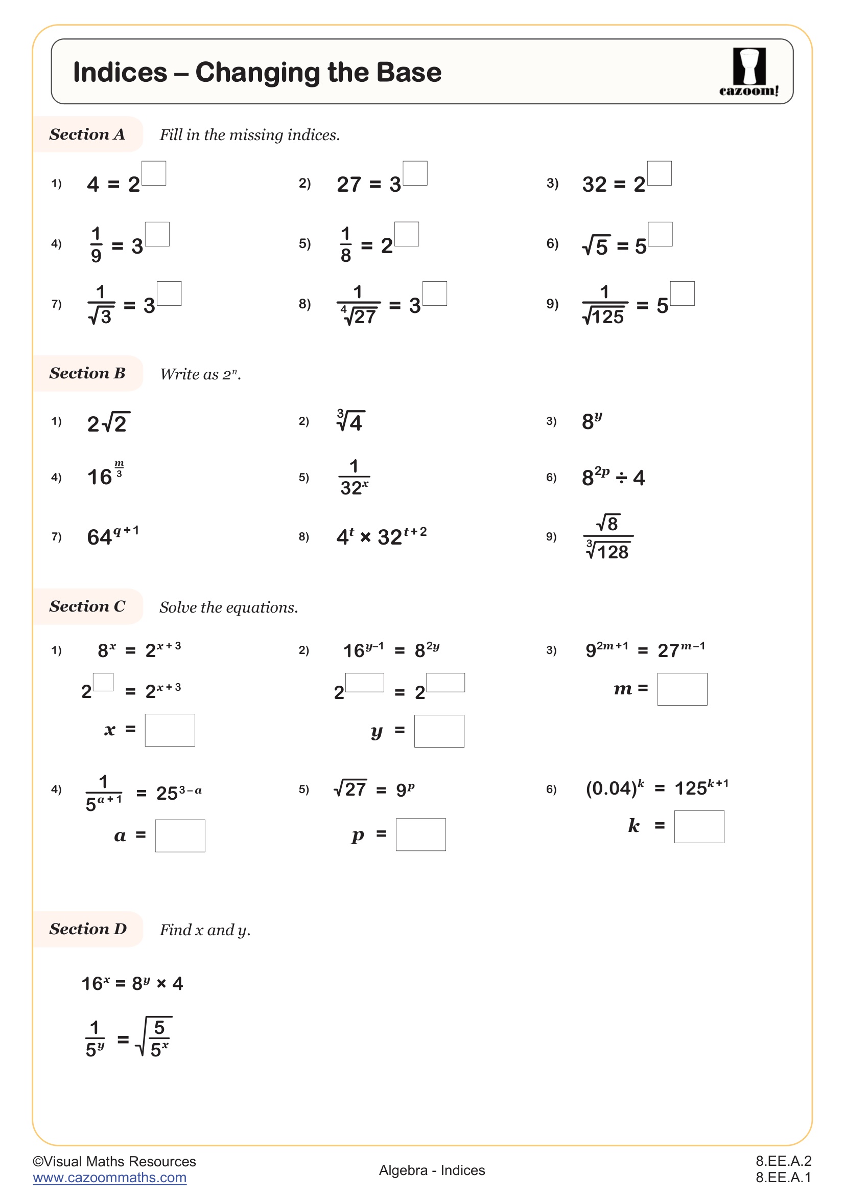 Indices - Changing the Base Worksheet | Fun and Engaging 8th Grade and ...