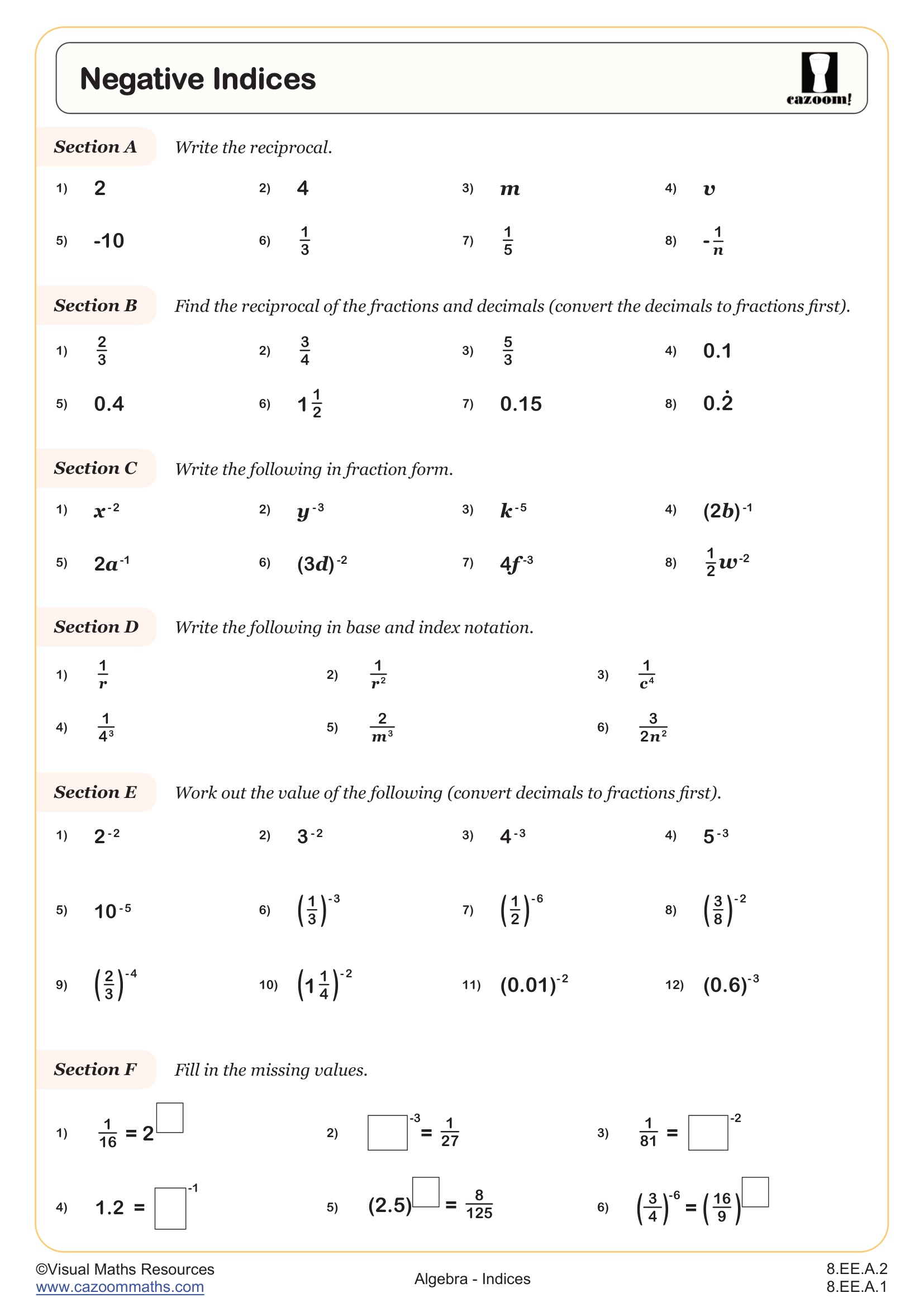 Negative Indices Worksheet | Fun and Engaging 8th Grade and IM 1 and ...