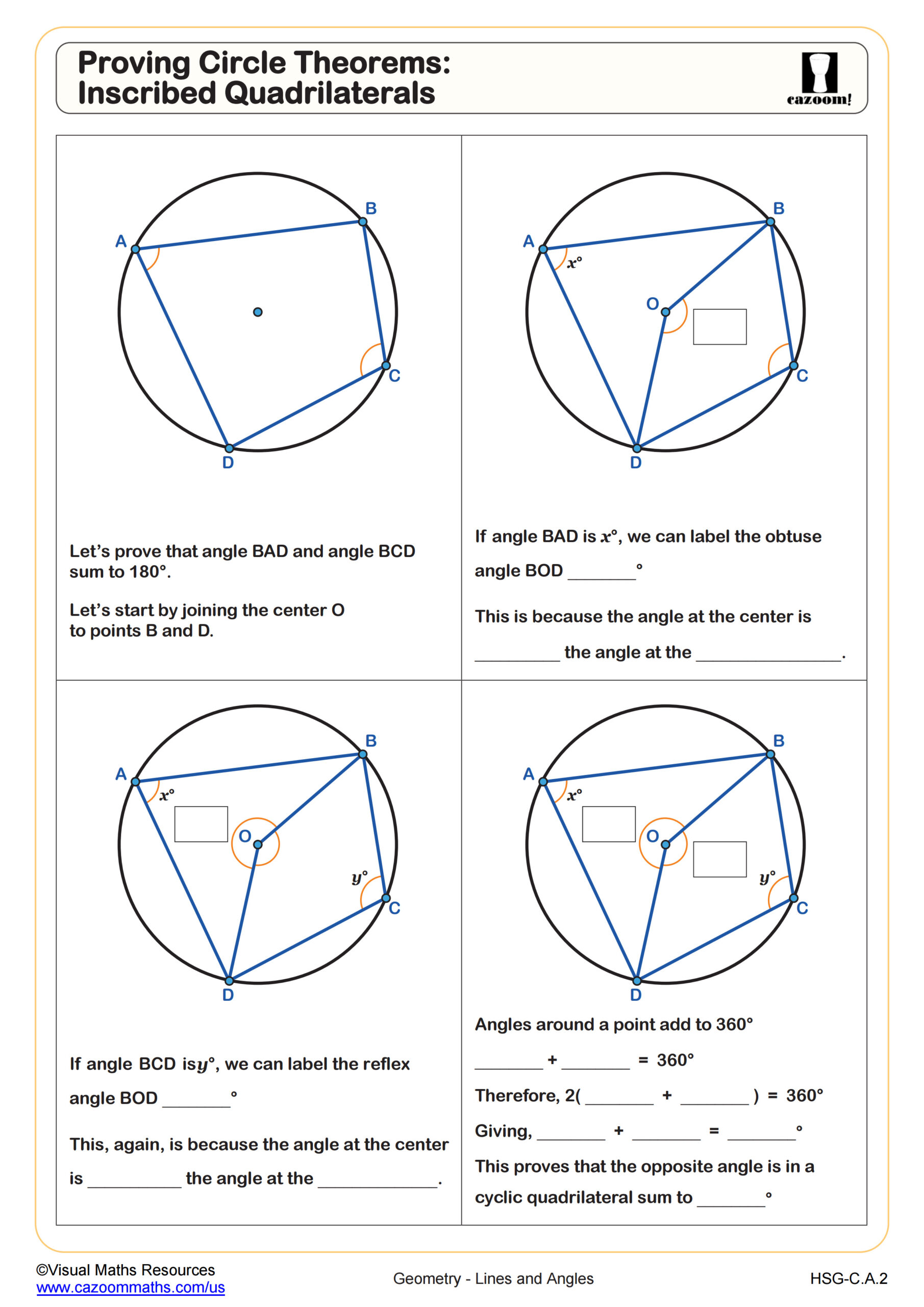 Proving Circle Theorems: Inscribed Quadrilaterals Worksheet| Fun and ...