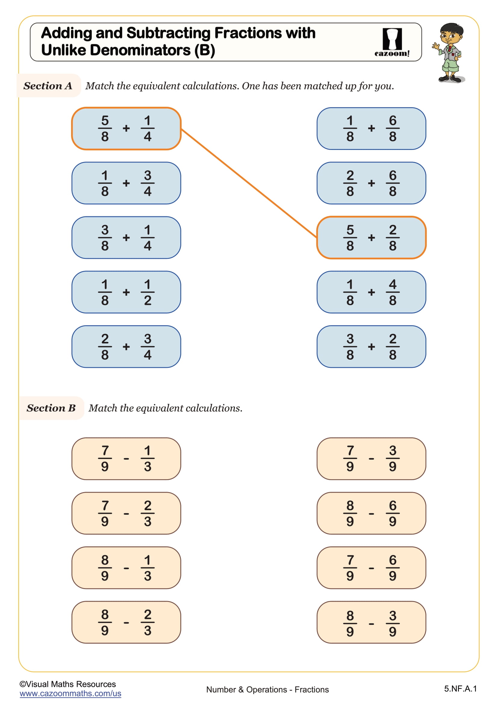 Adding and Subtracting Fractions with Unlike Denominators (B) Worksheet ...