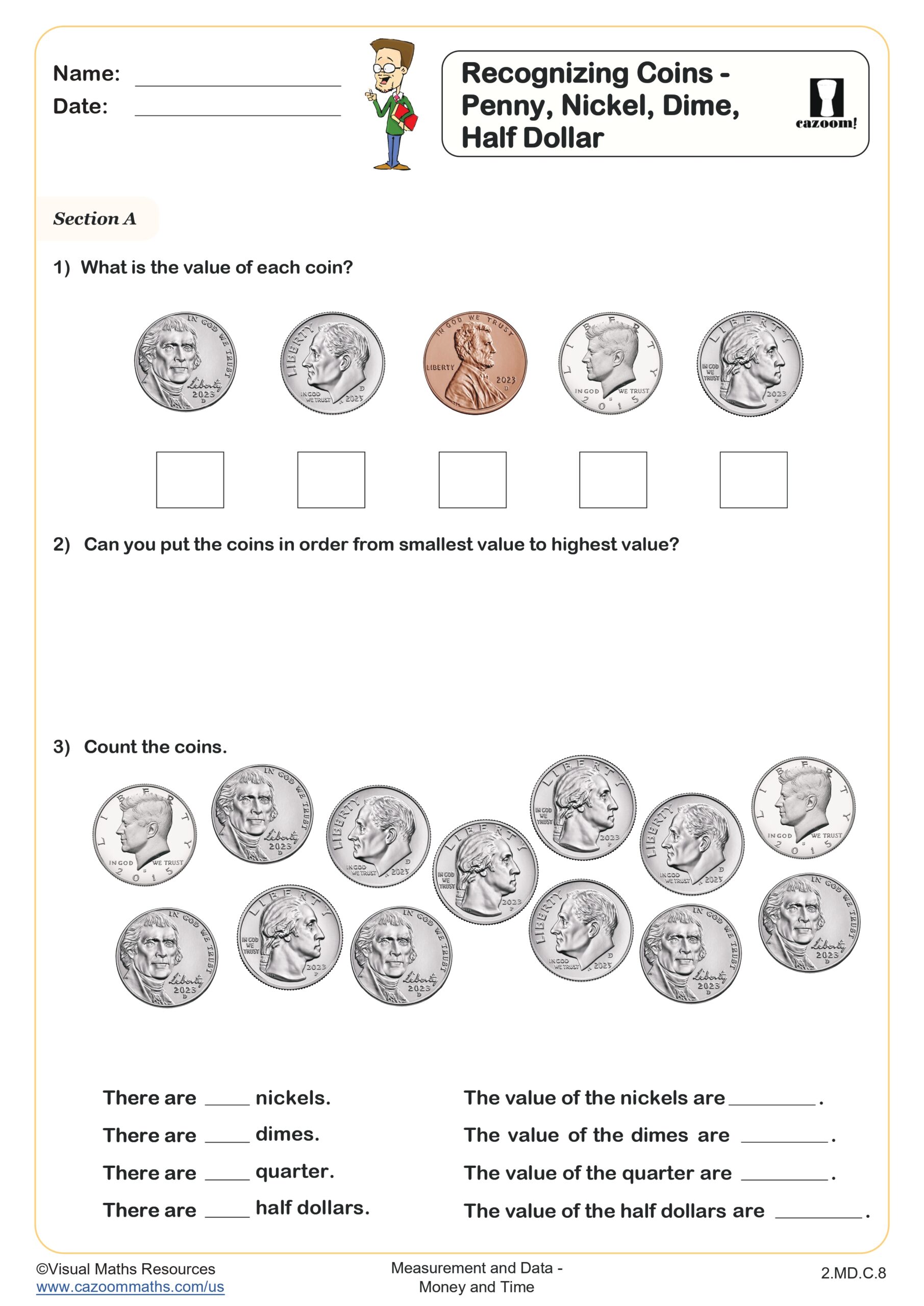 Recognizing Coins - Penny, Nickel, Dime, Half Dollar Worksheet | Fun ...