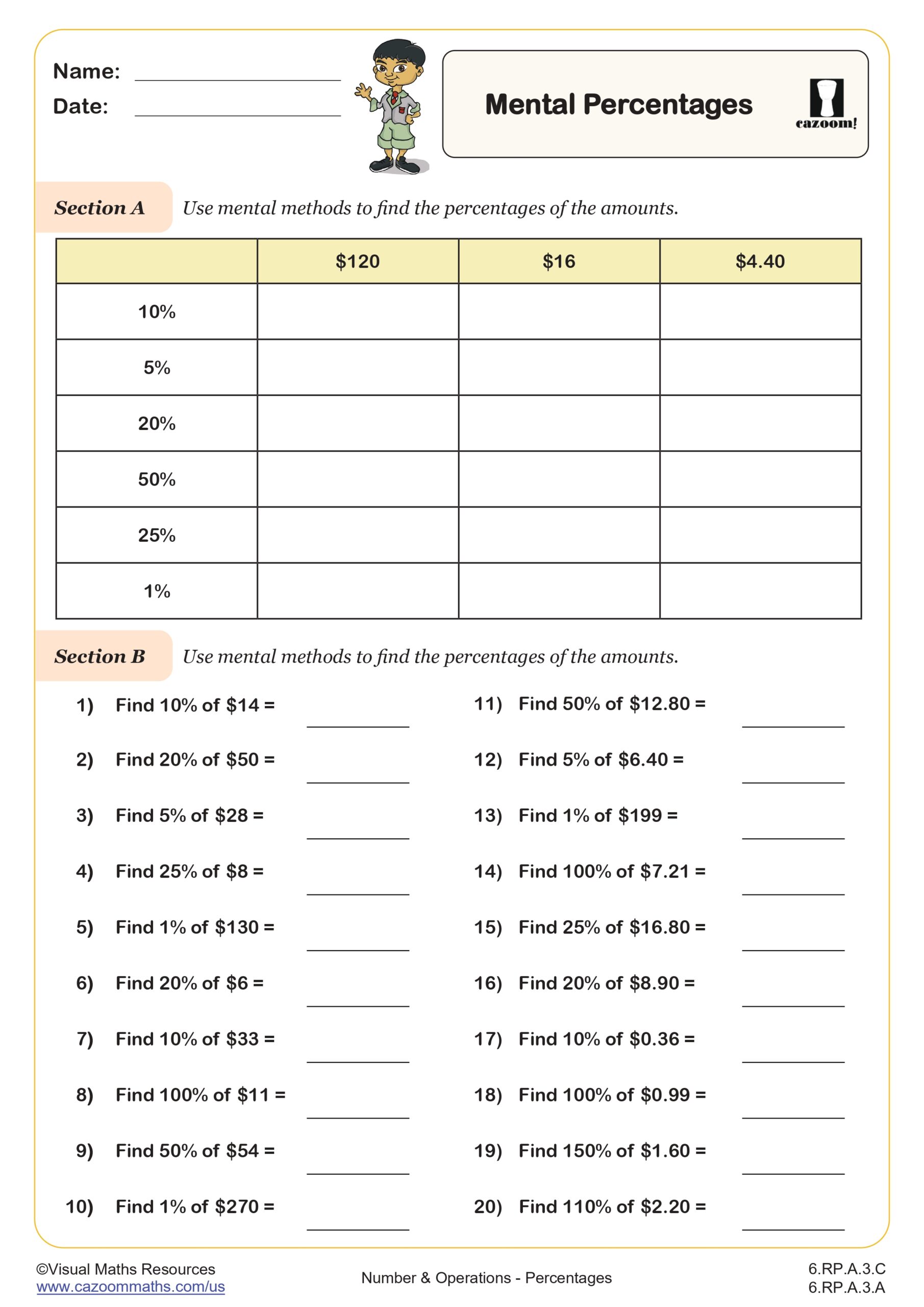 7th Grade Percentages Worksheets | PDF Printable Worksheets | Cazoom Math