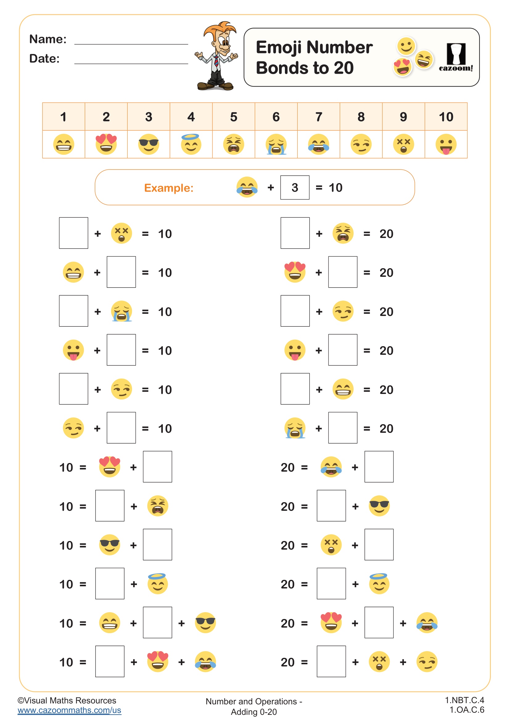 Emoji Number Bonds to 20 Worksheet | Fun and Engaging 1st Grade Number ...