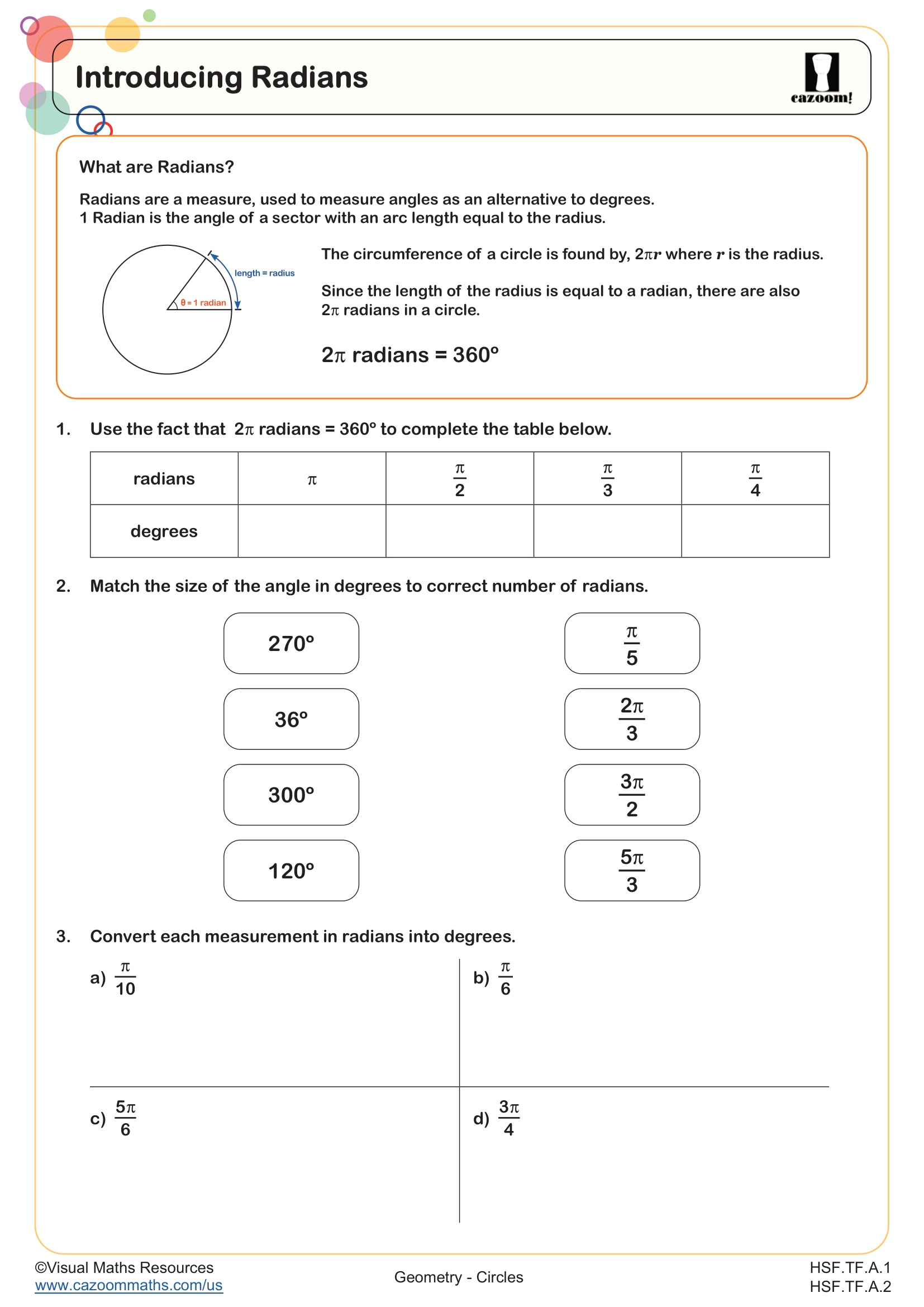 Introducing Radians Worksheet | Fun and Engaging Algebra II and IM 3 ...