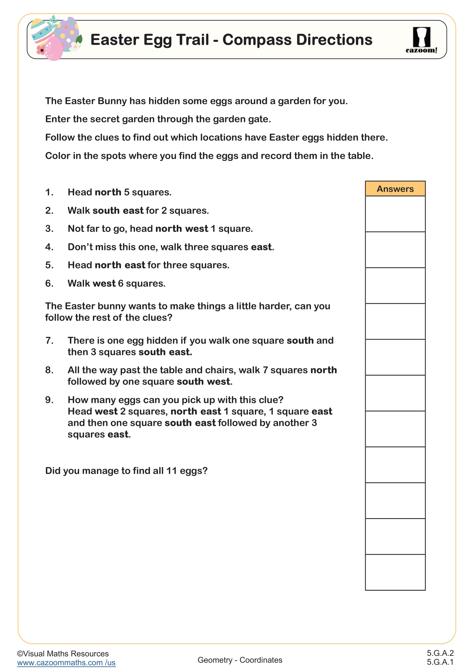 Easter Egg Trail - Compass Directions Worksheet | Fun and Engaging 5th ...