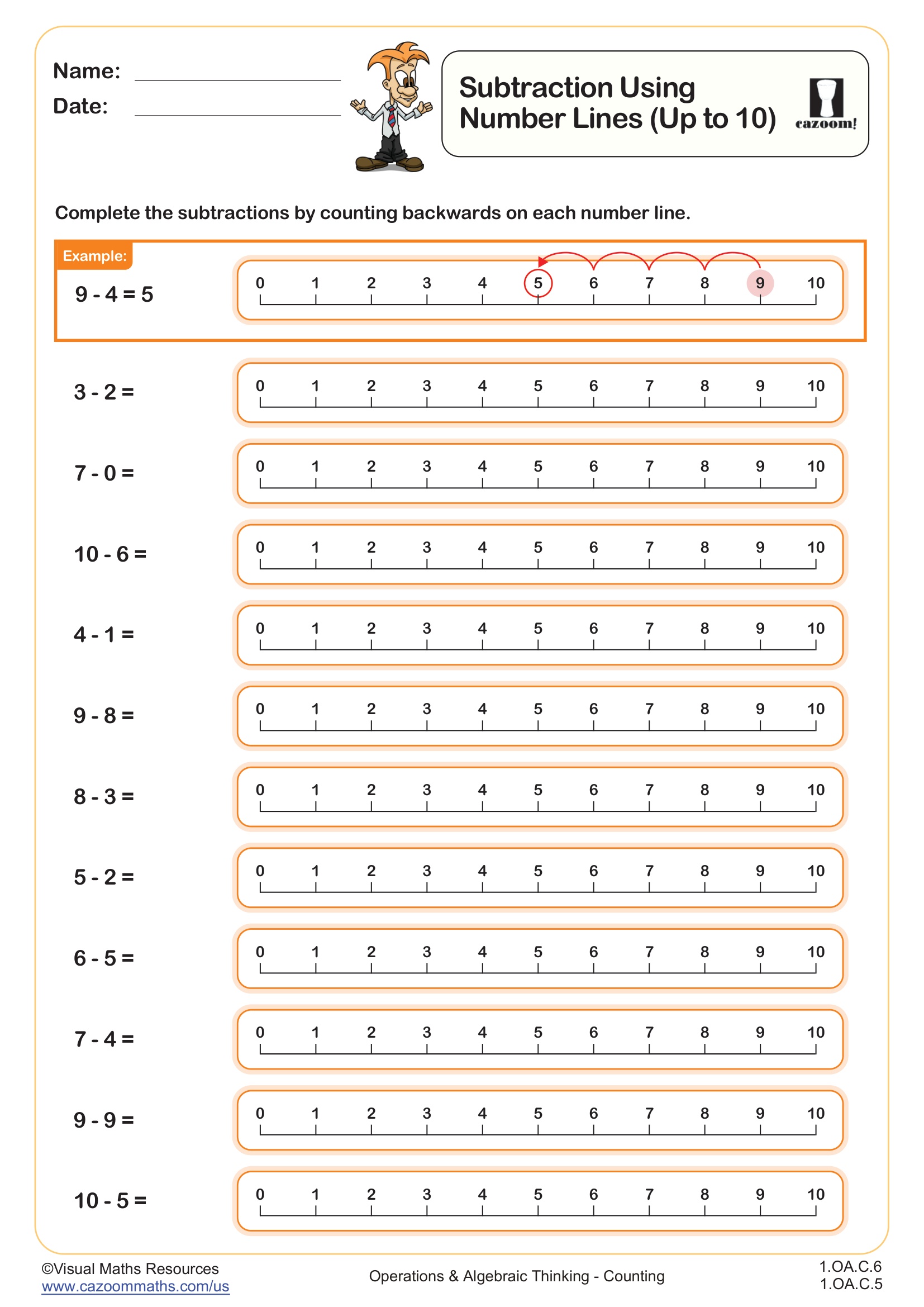 Subtraction Using Number Lines (Up to 10) Worksheet | Fun and Engaging ...
