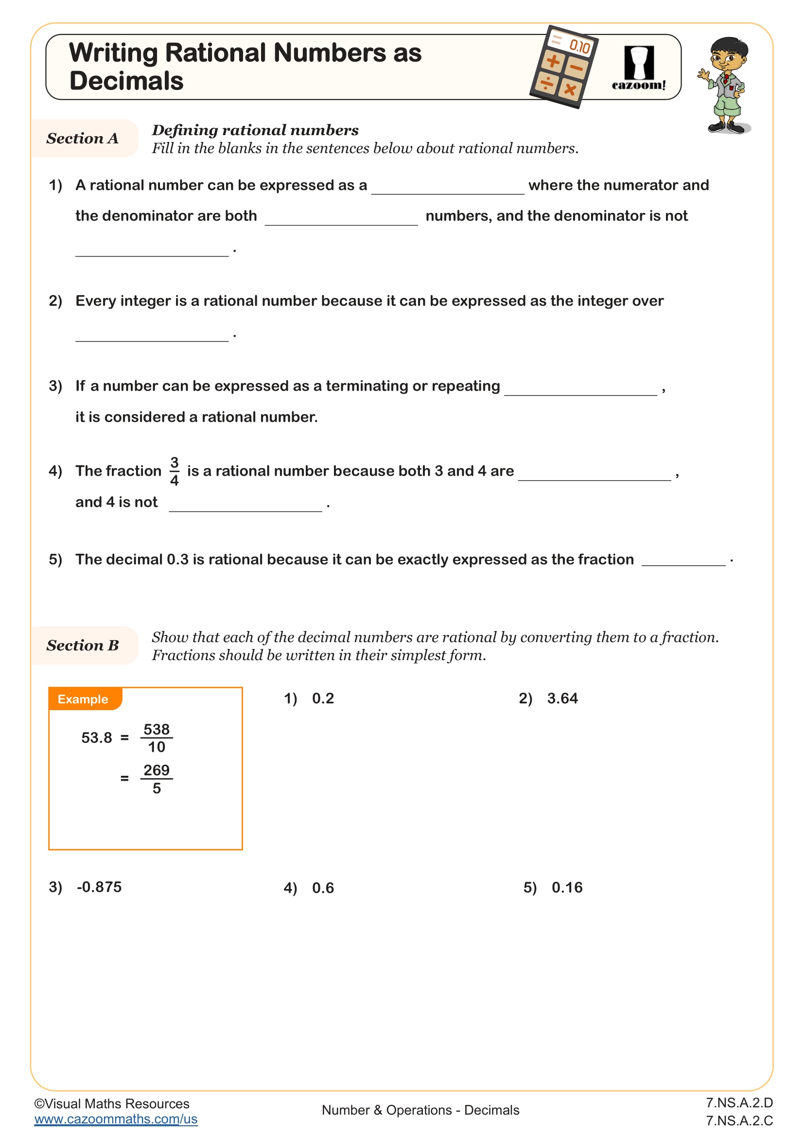 Writing Rational Numbers as Decimals Worksheet | Fun and Engaging 7th ...
