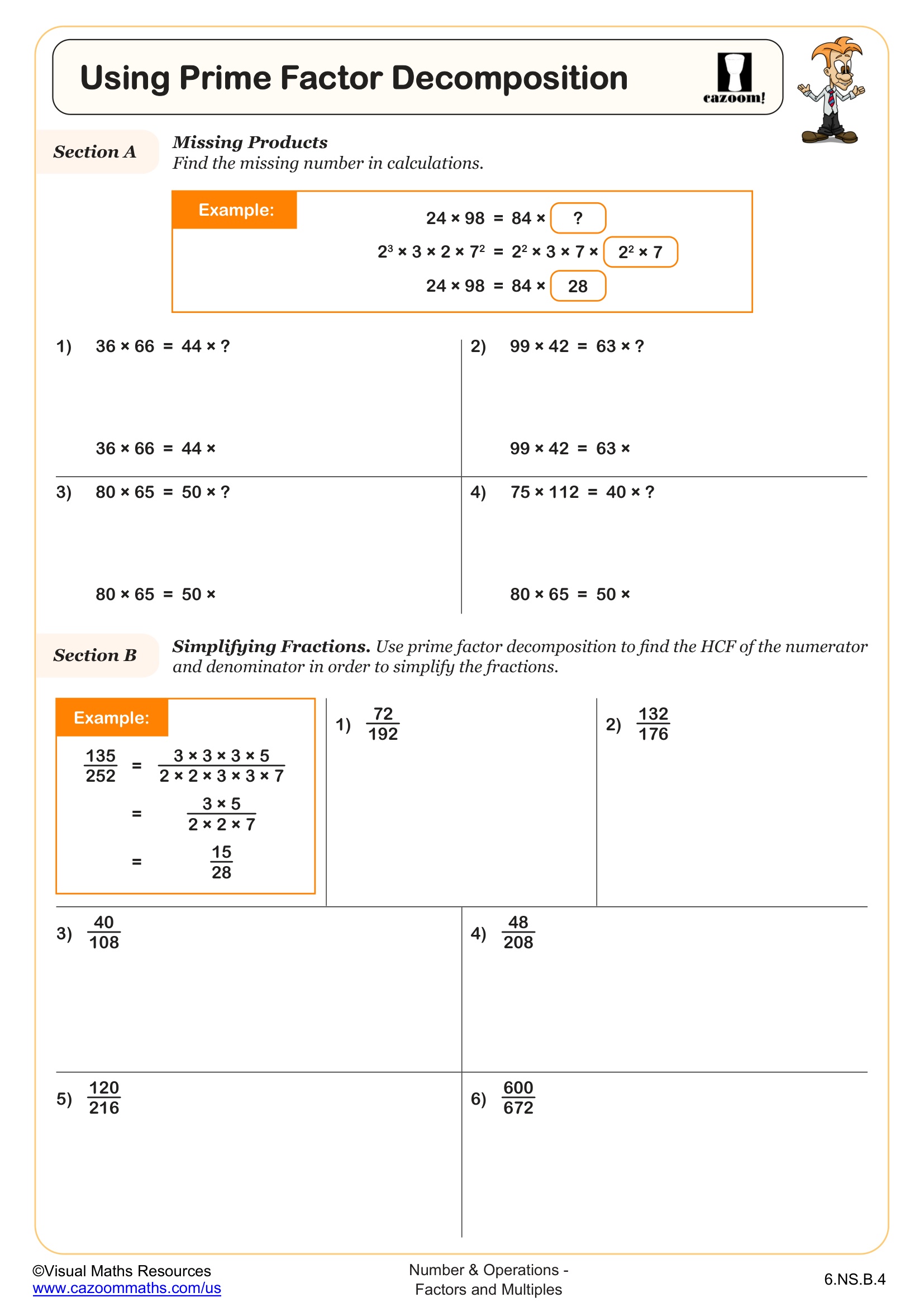 Using Prime Factor Decomposition Worksheet | Fun and Engaging 6th Grade Number & Operations ...
