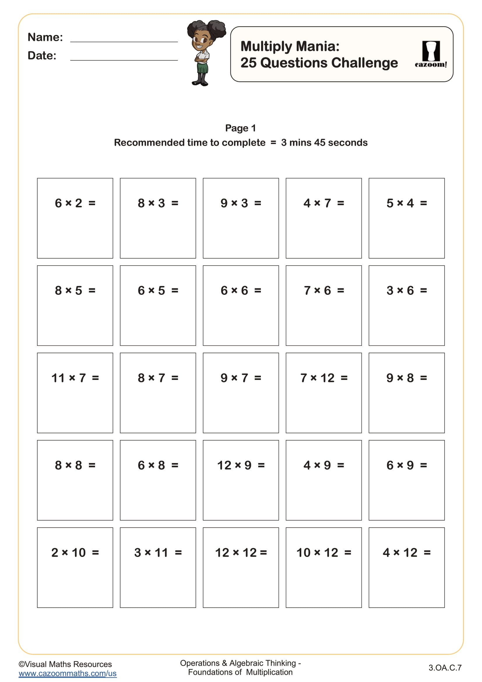 Multiply Mania: 25 Questions Challenge Worksheet | Fun and Engaging 3rd ...