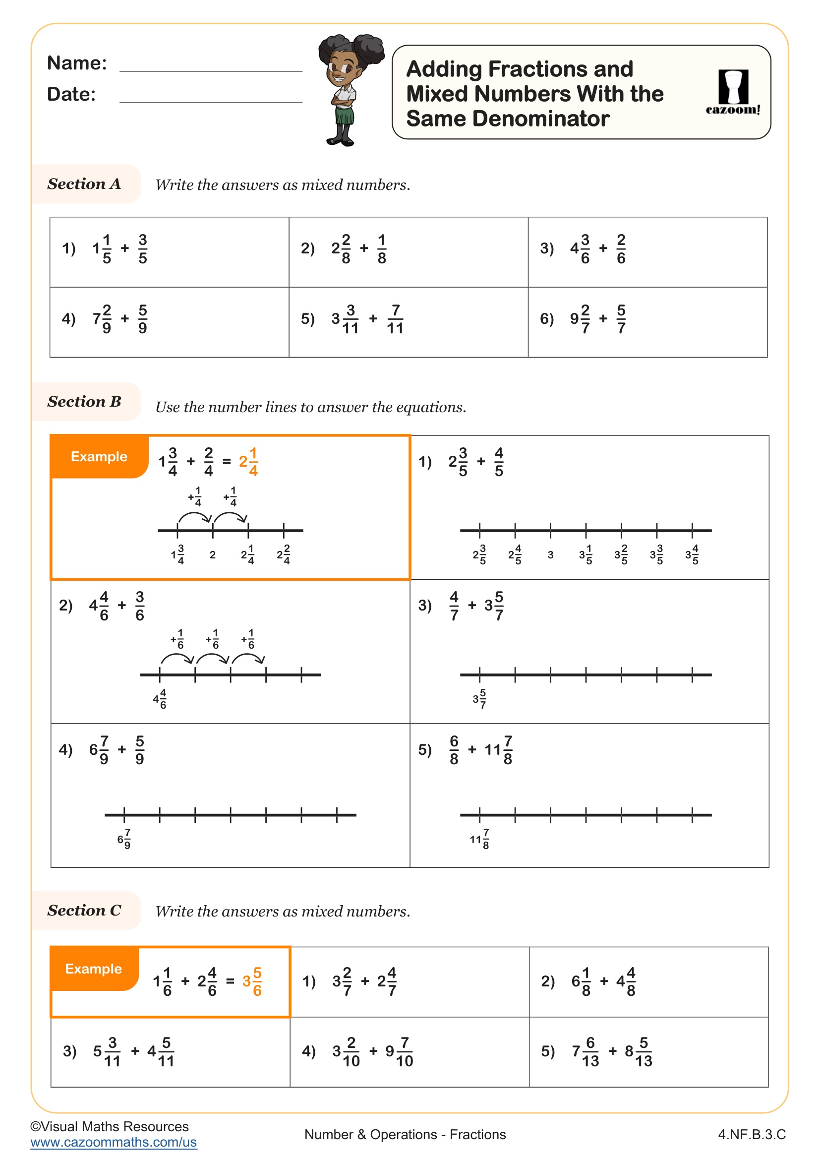 Adding Fractions and Mixed Numbers with the Same Denominator Worksheet ...