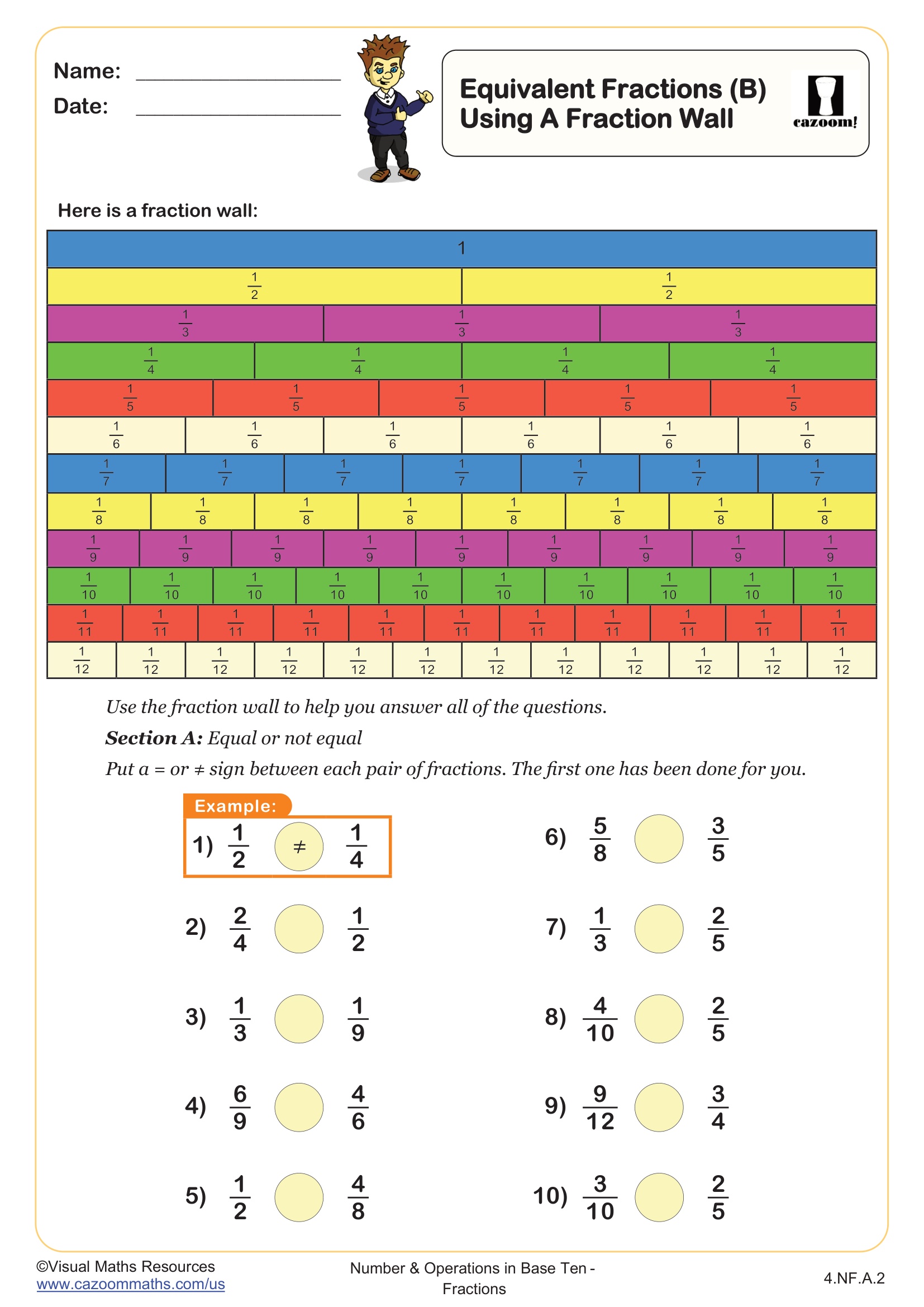 Equivalent Fractions Using a Fraction Wall (B) Worksheet | Fun and ...