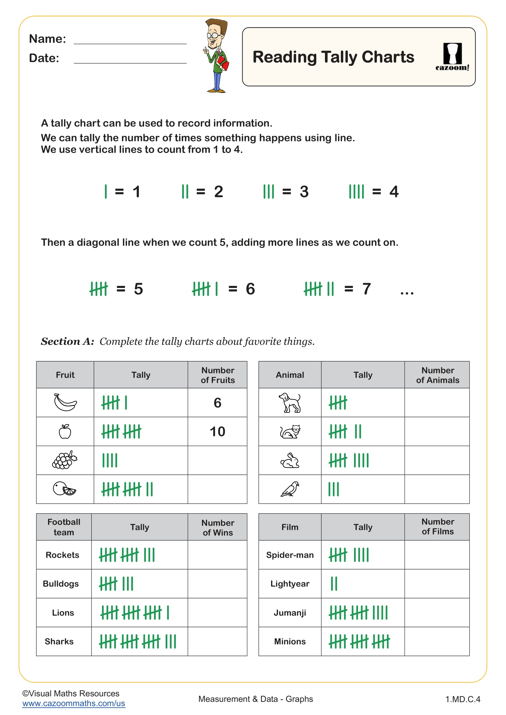 Reading Tally Charts Worksheet | Fun and Engaging 1st Grade Measurement ...