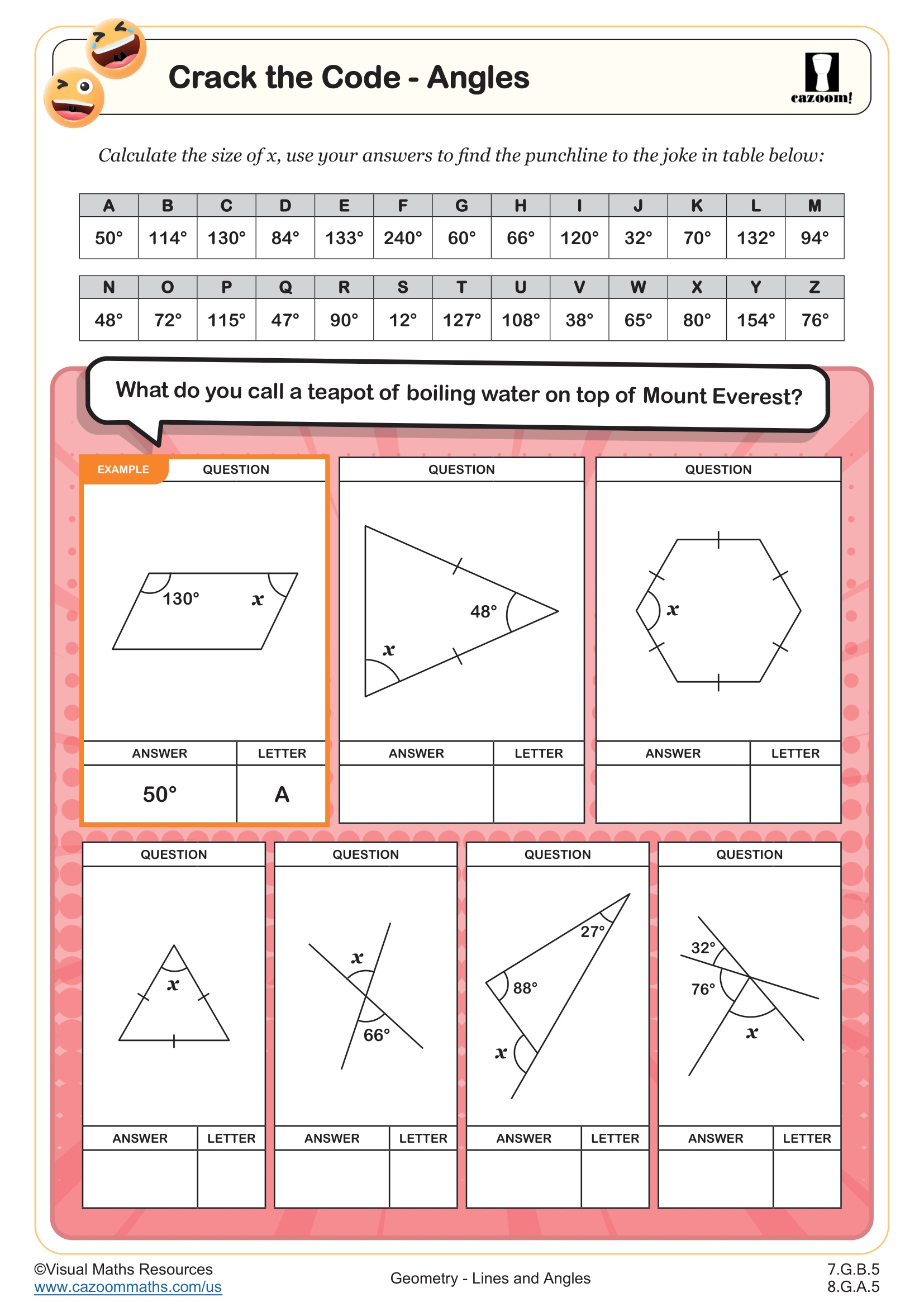 Crack the Code - Angles Worksheet | Fun and Engaging 7th Grade and 8th ...