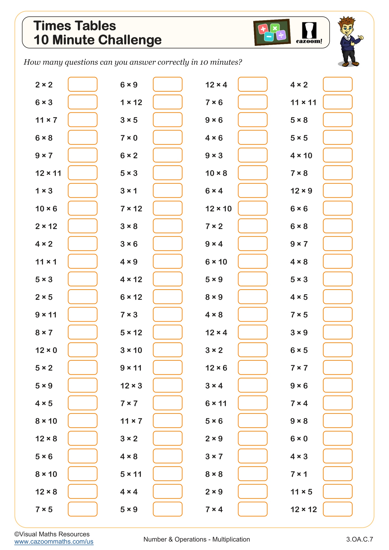 Times Tables 10 minute Challenge Worksheet | Fun and Engaging 3rd Grade ...
