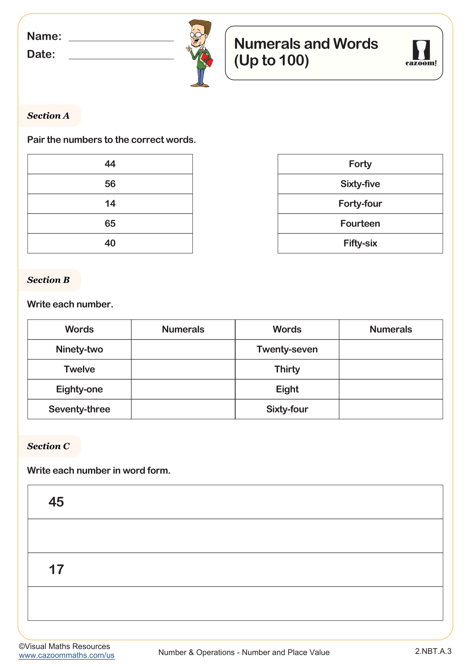 Numerals and Words (up to 100) Worksheet | Fun and Engaging 2nd Grade ...