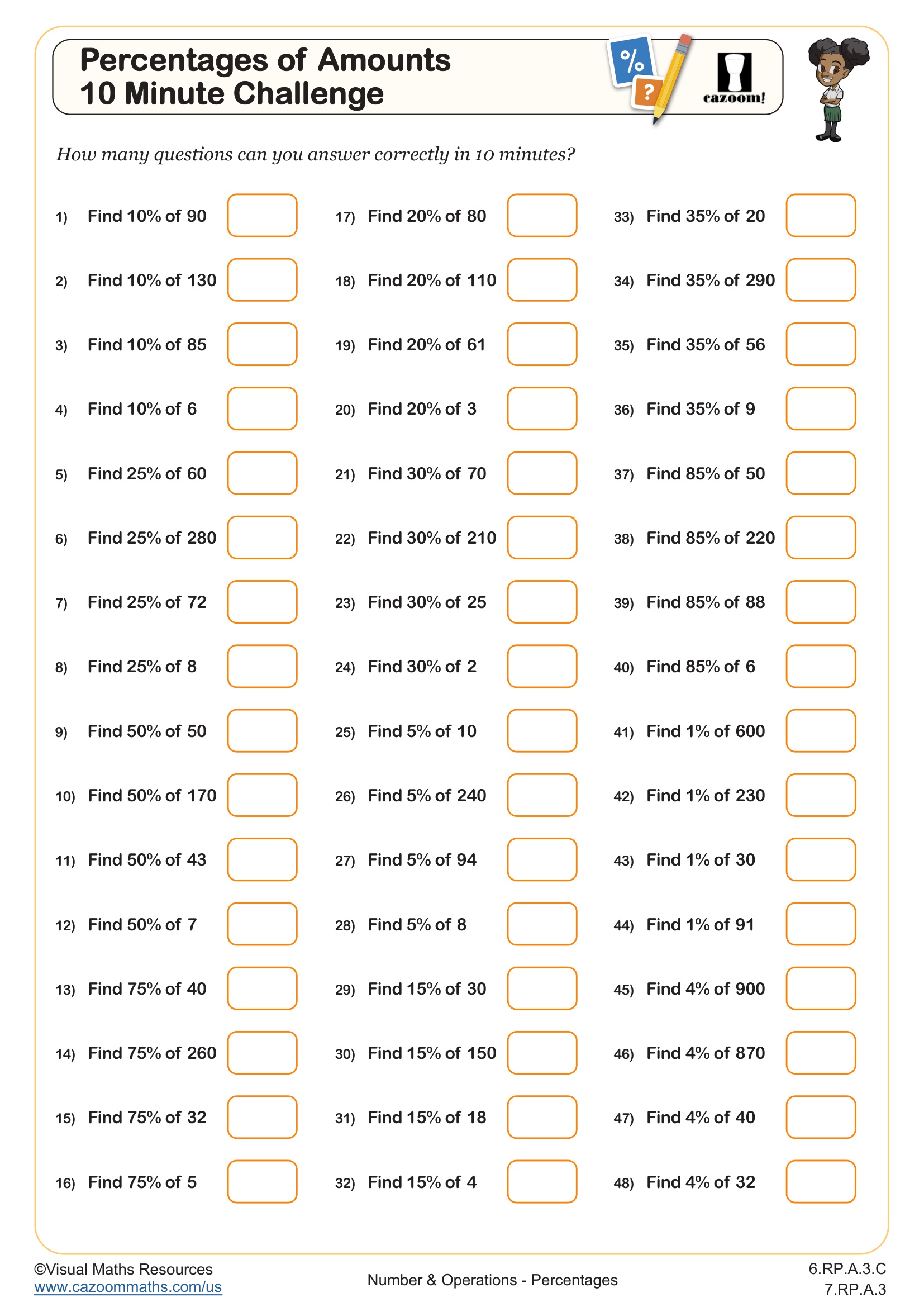 Percentages of Amounts 10 Minute Challenge Worksheet | Fun and Engaging ...