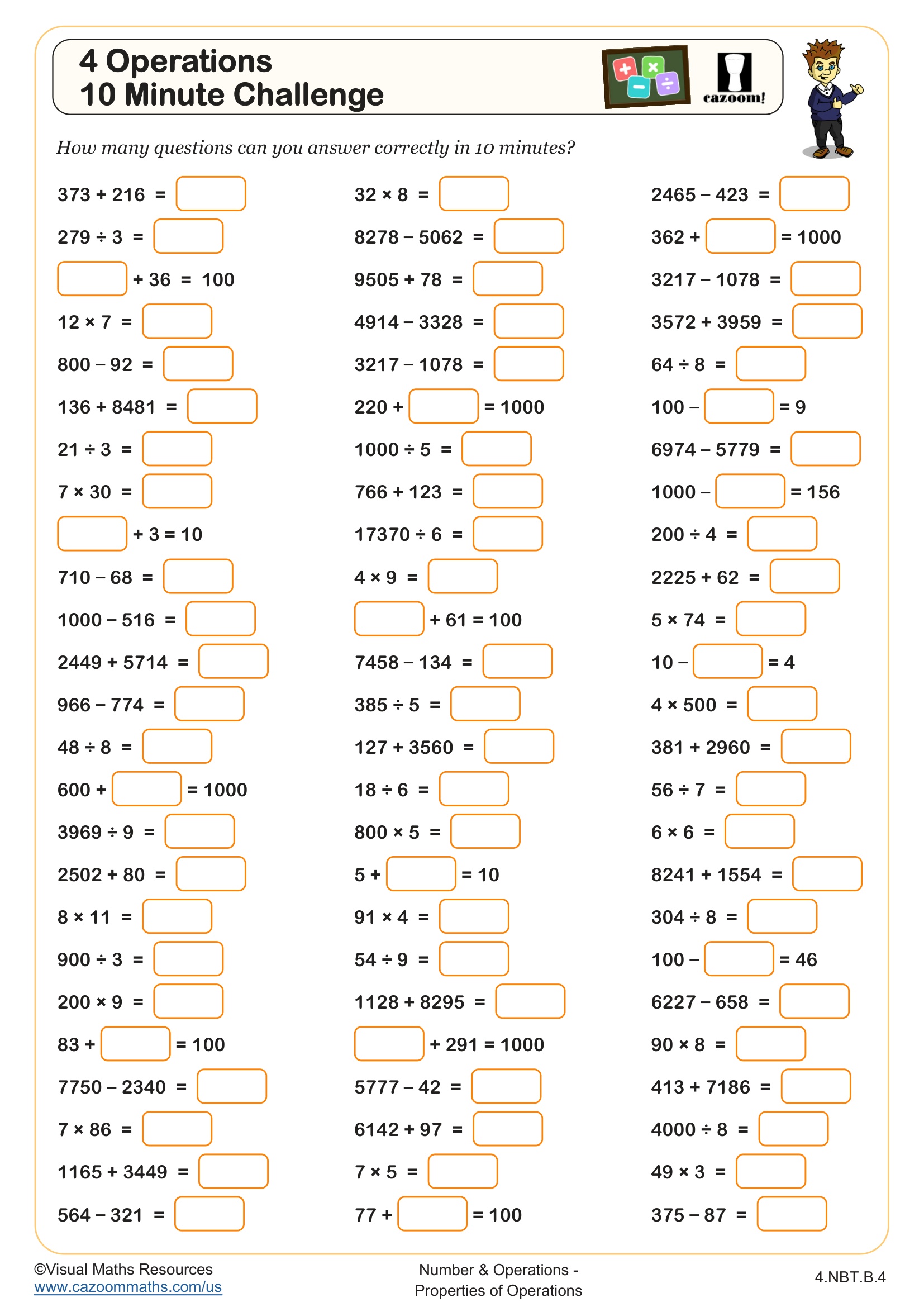 4 Operations 10 Minute Challenge Worksheet | Fun and Engaging 4th Grade ...