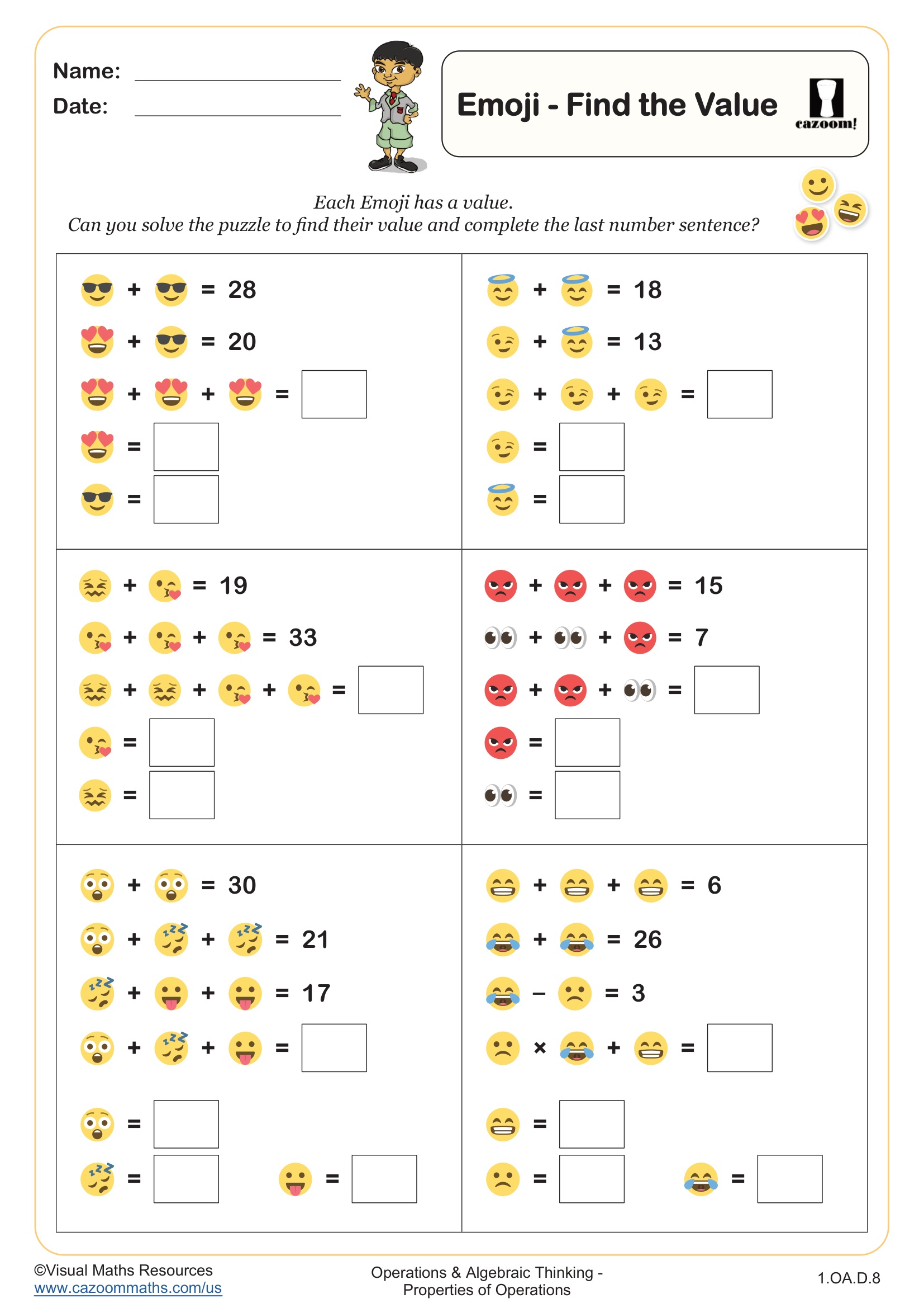 Emoji - Find the Value Worksheet | Fun and Engaging 1st Grade Number ...