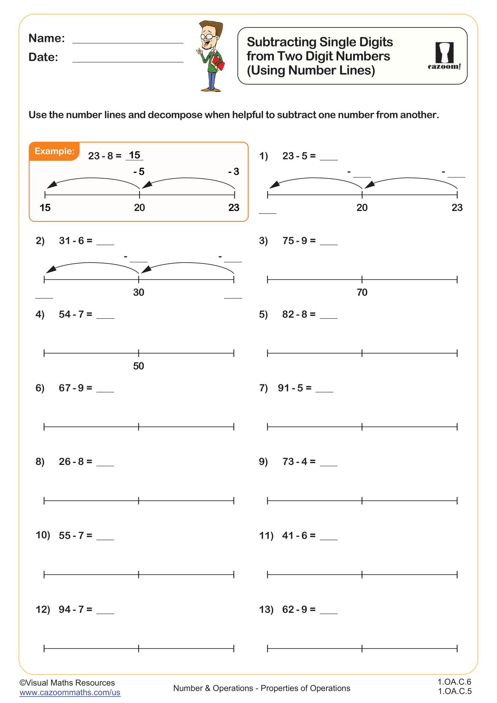 Subtracting Single Digits from Two Digit Numbers (Using Number Lines ...