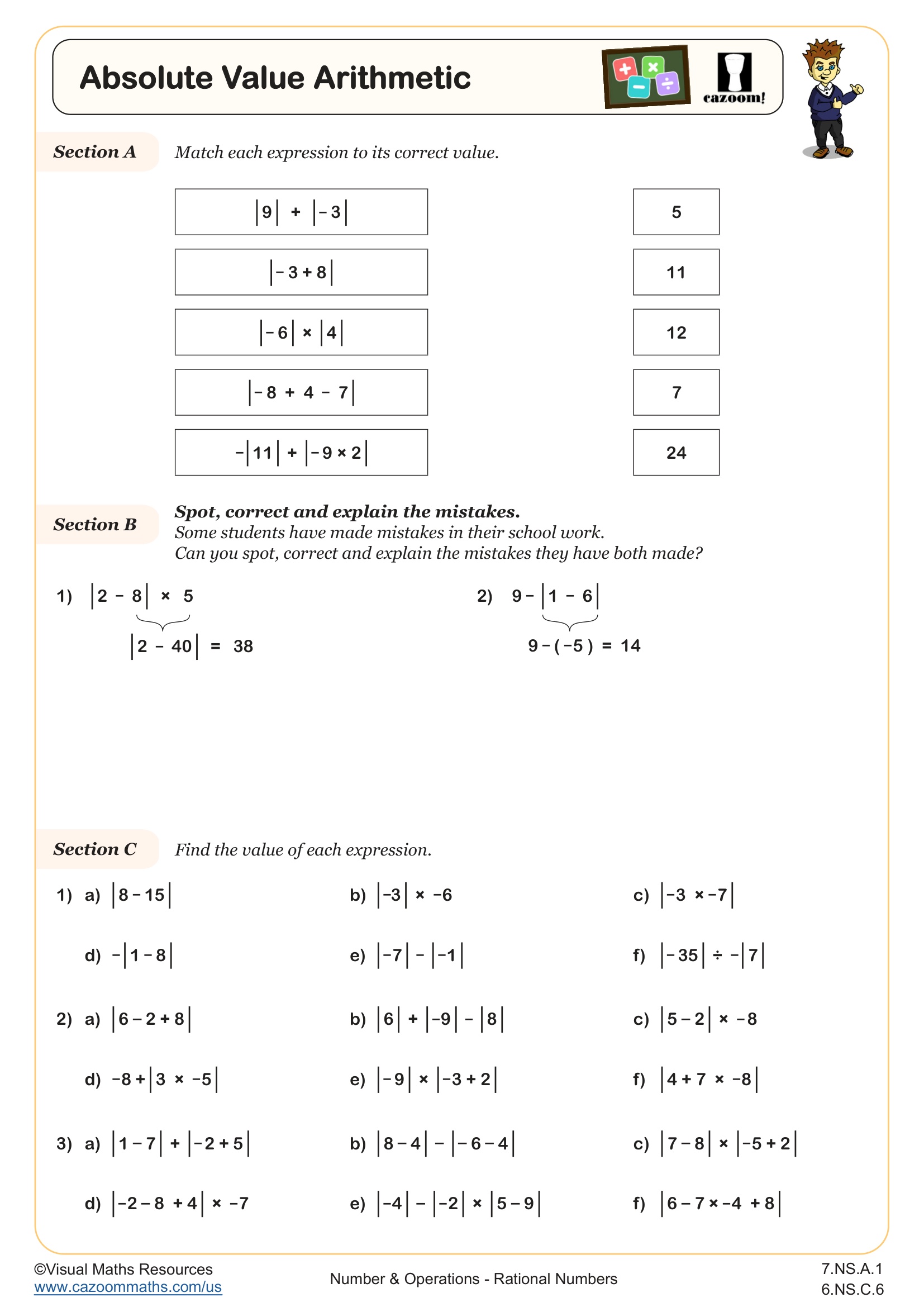 Absolute Value Arithmetic Worksheet | Fun and Engaging 6th Grade and 7th Grade Number ...