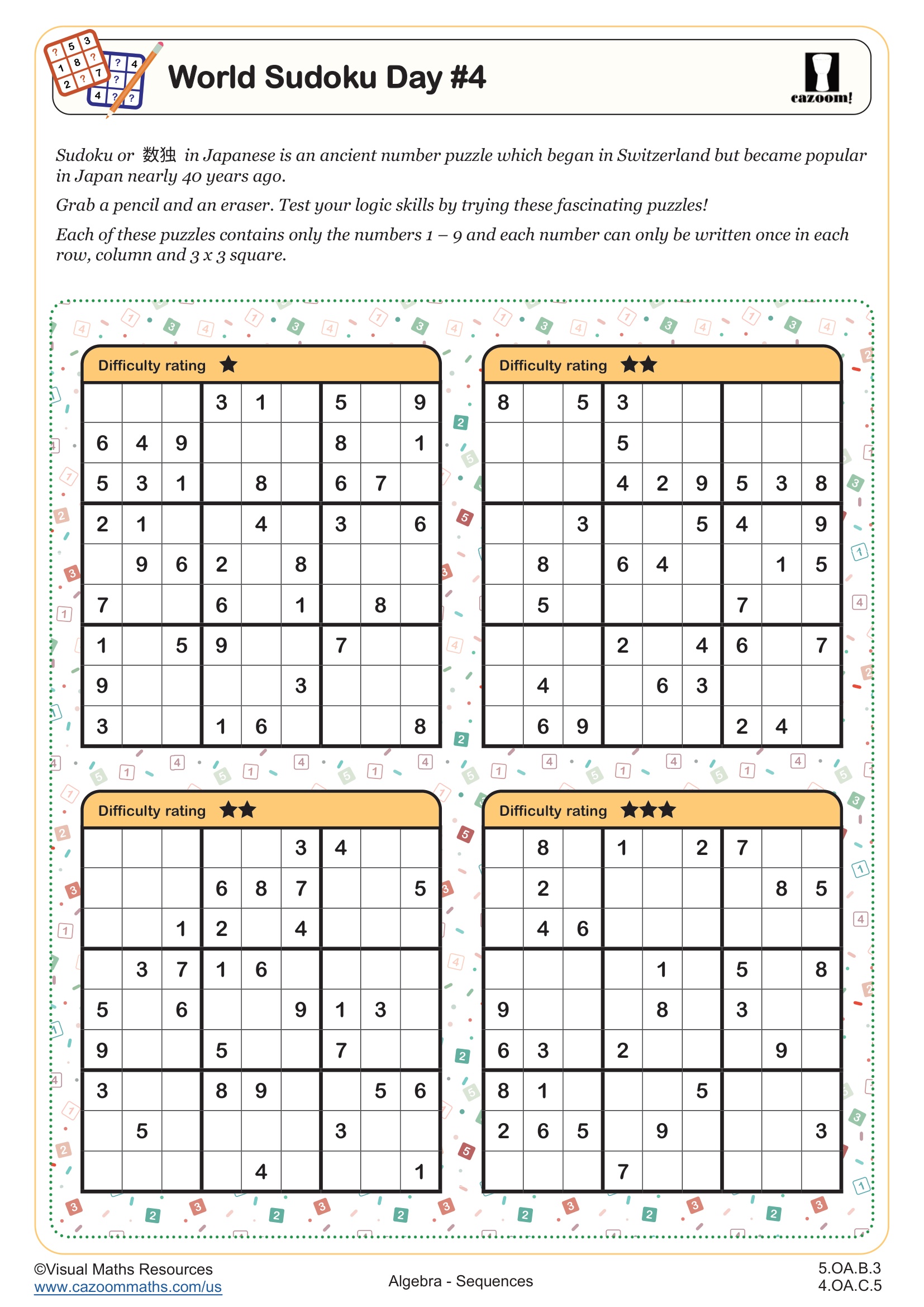 World Sudoku Day #4 - Free Worksheet of the Week | Cazoom Math | Cazoom ...