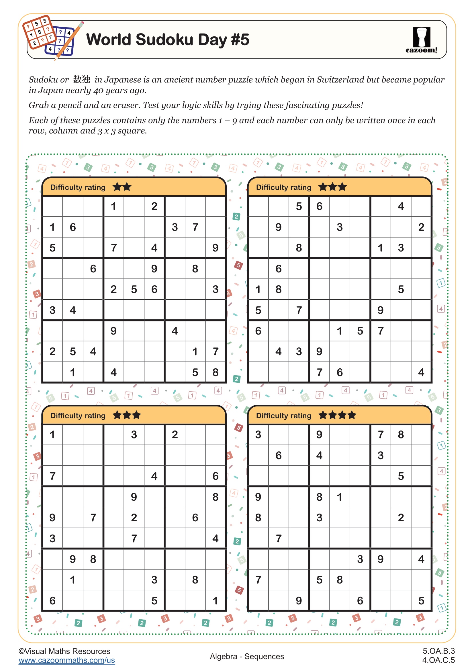 World Suduko Day #5 Worksheet | Fun and Engaging 4th Grade and 5th ...