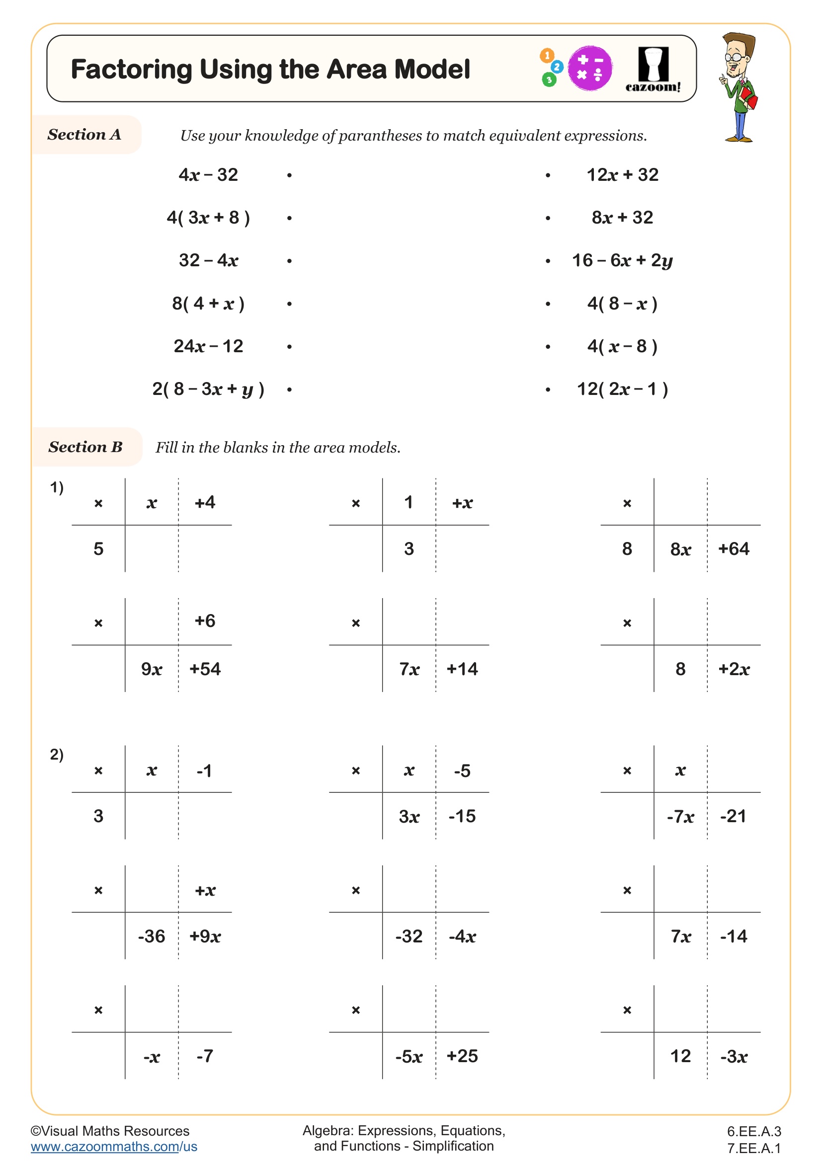 Factoring Using the Area Model Worksheet | Fun and Engaging 6th Grade ...