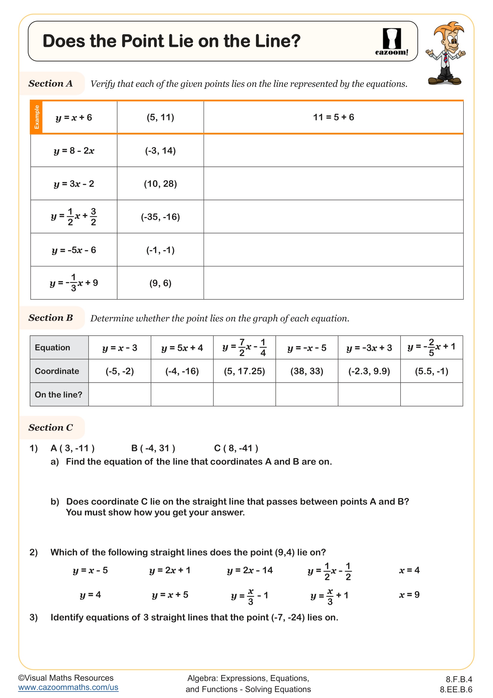 Does the Point Lie on the Line? Worksheet | Fun and Engaging 8th Grade ...