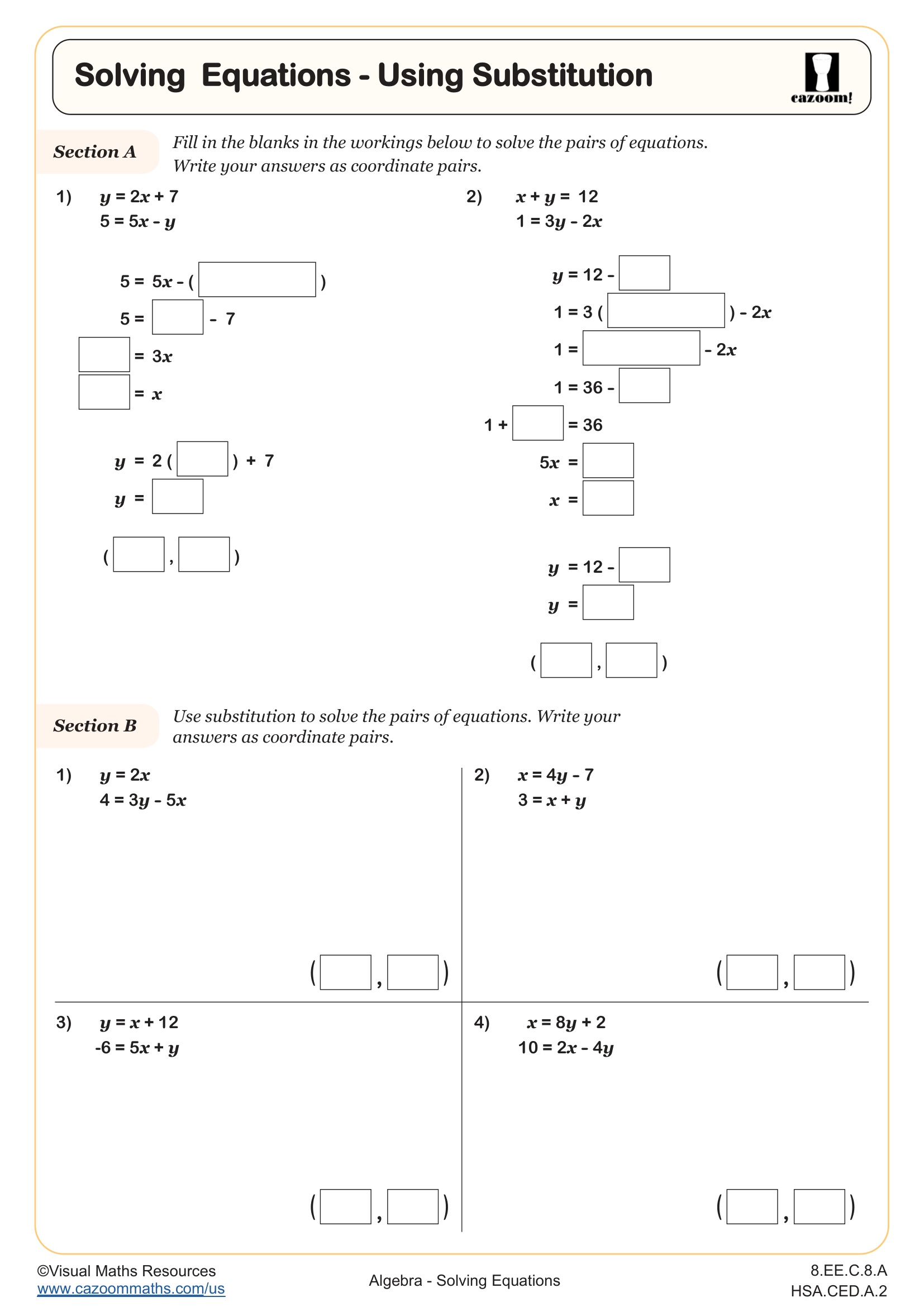 Solving Simultaneous Equations - Using Substitution Worksheet | Fun and ...
