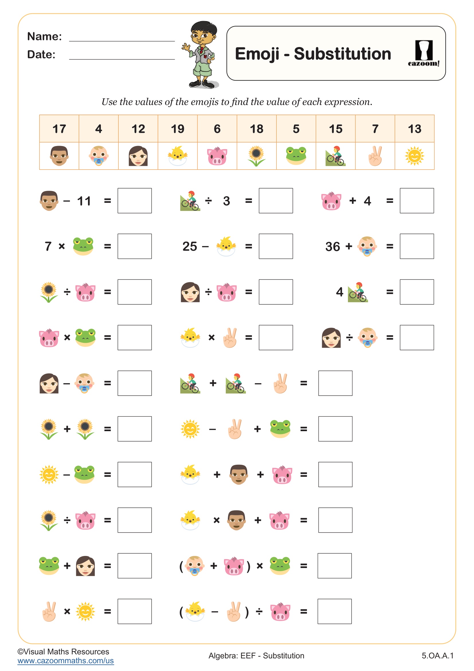 Emoji - Substitution Worksheet | Fun and Engaging 5th Grade Operations ...