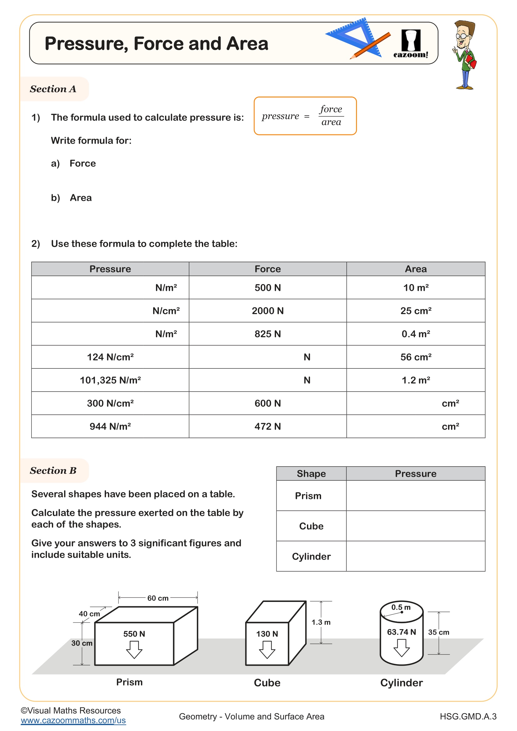 Pressure, Force and Area Worksheet | Fun and Engaging Geometry and IM 2 ...