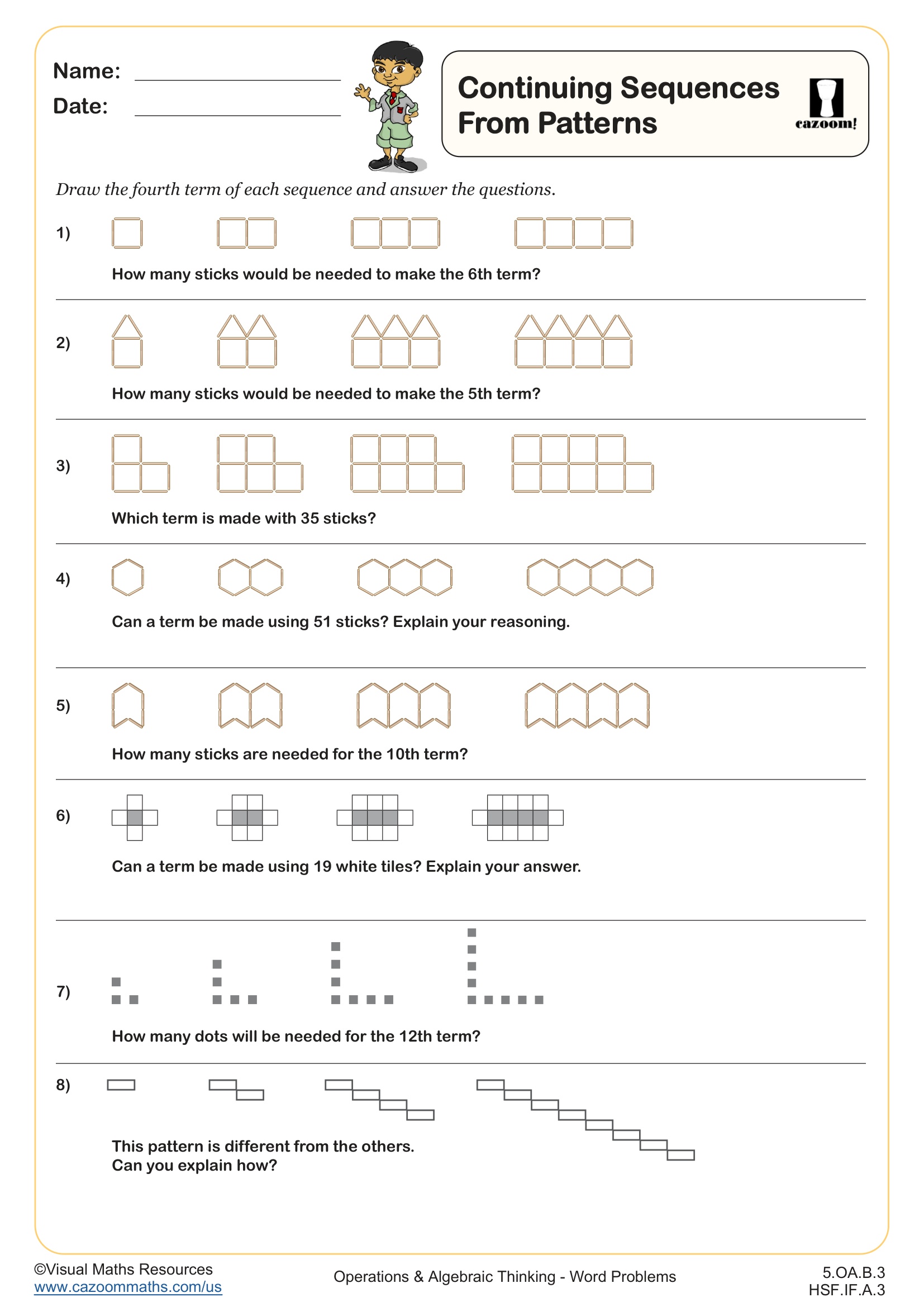 Continuing Sequences from Patterns Worksheet | Fun and Engaging 5th ...