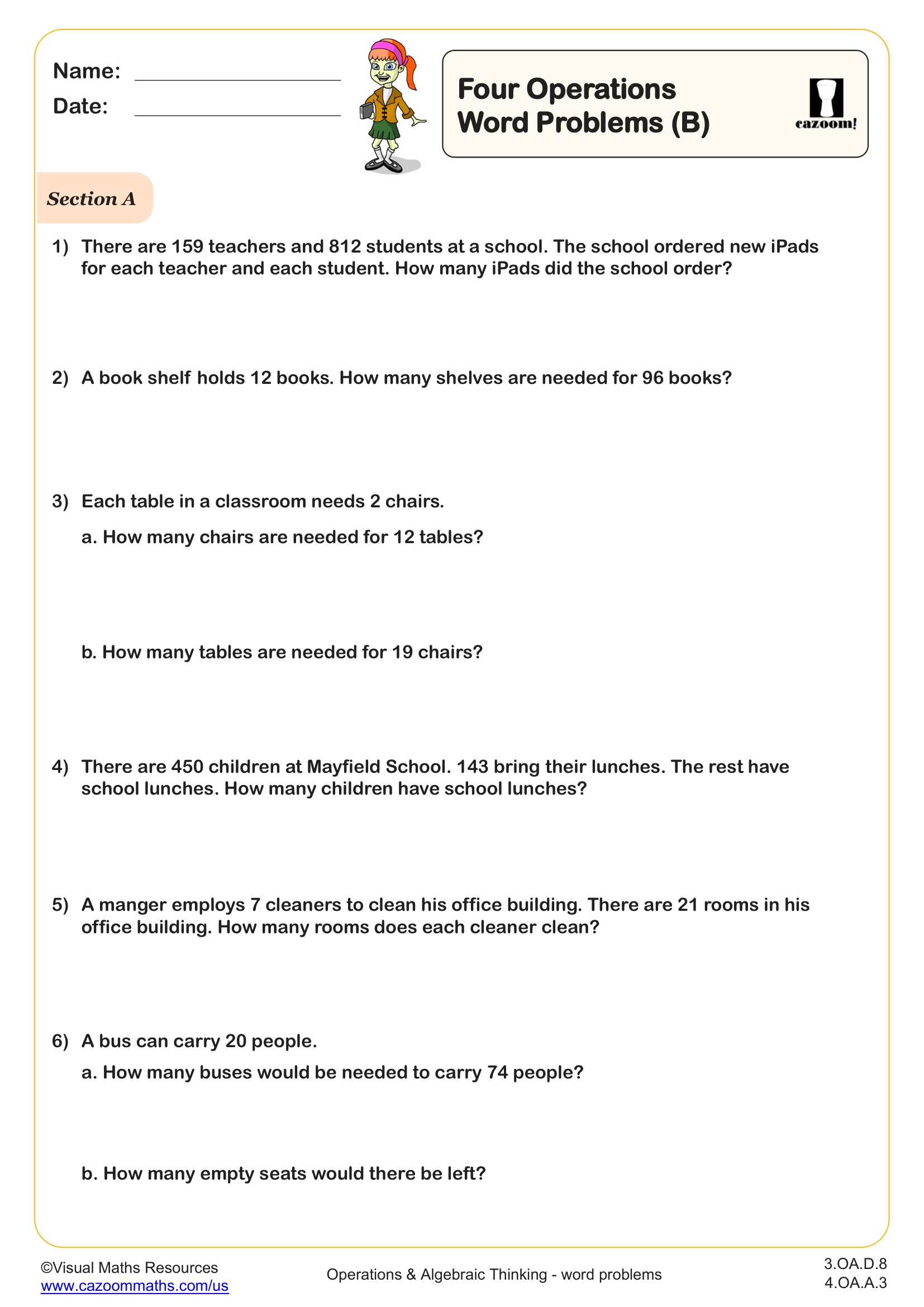 Four Operation Word Problems (B) Worksheet | Fun and Engaging 3rd Grade ...