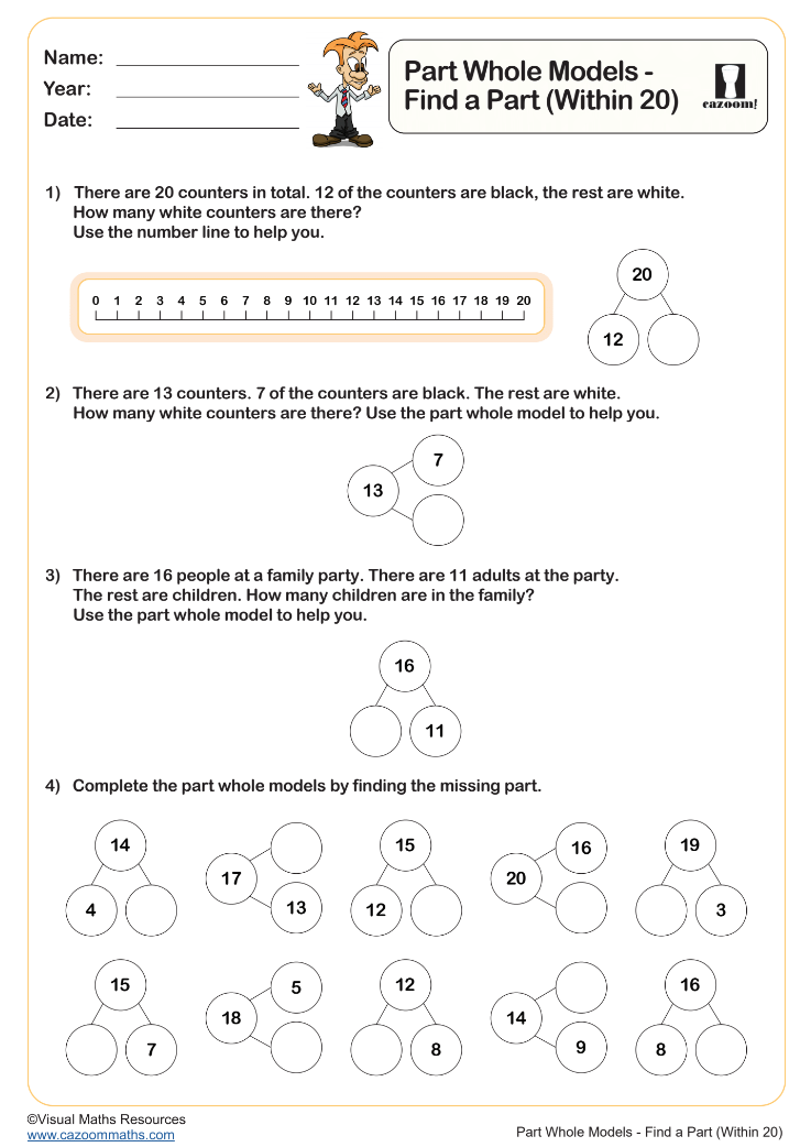 Part Part Whole Models - Find a Part (Within 20) Worksheet | Fun and Engaging k and 1st Grade ...