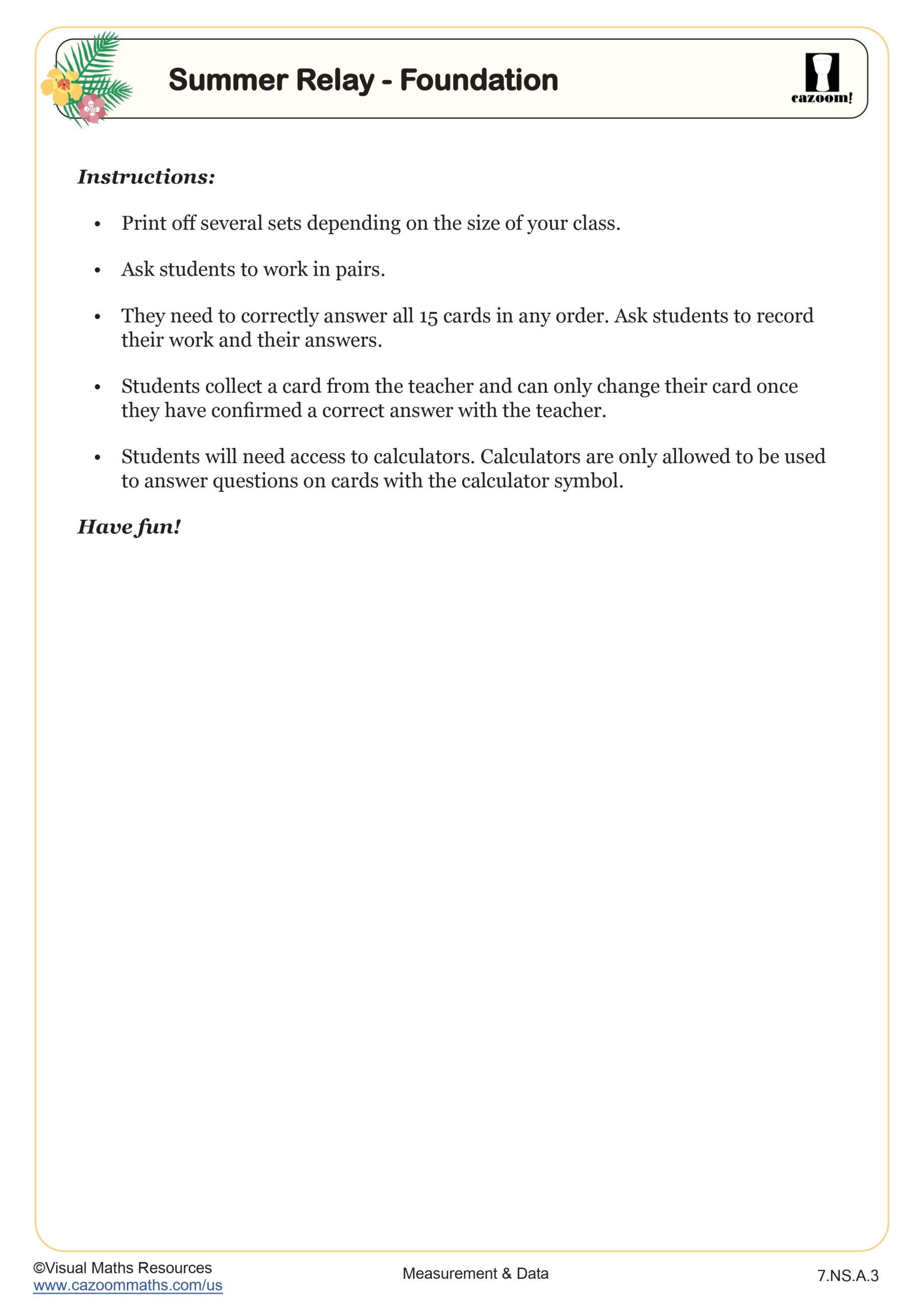 Summer Relay Worksheet | Fun and Engaging Worksheet for 7th Grade ...