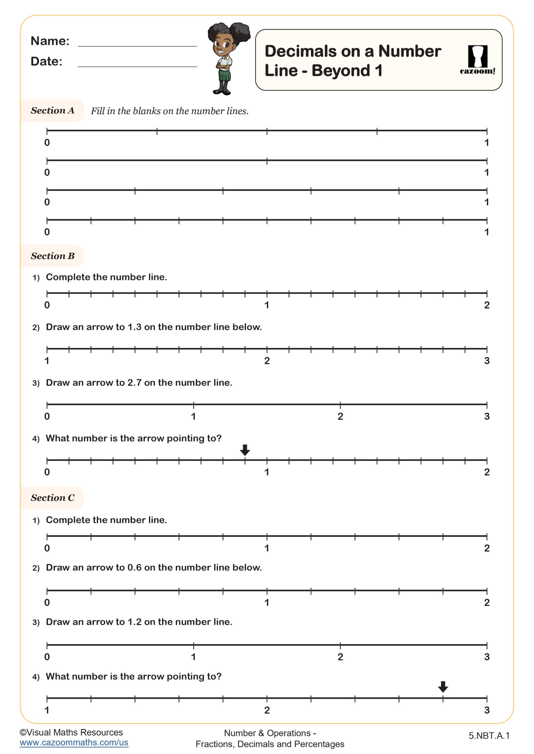Decimals on a Number Line Worksheet | Fun and Engaging 5th Grade Number & Operations Worksheet ...